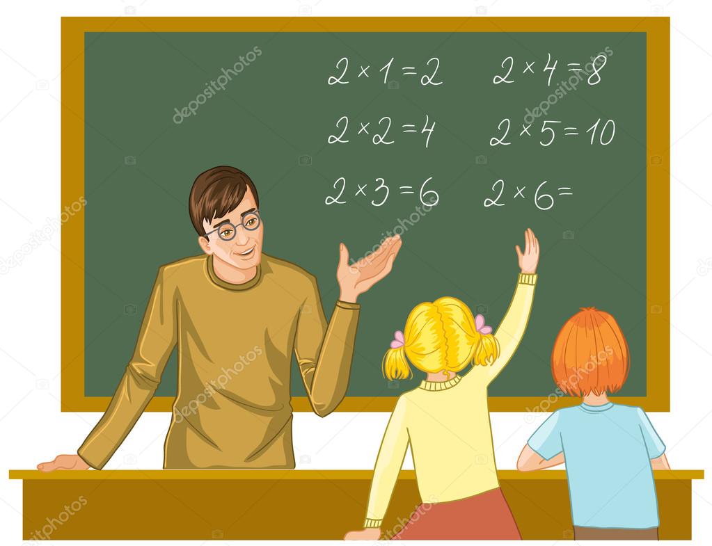 Profesor en la pizarra, explica matemáticas de los niños — Vector de ...