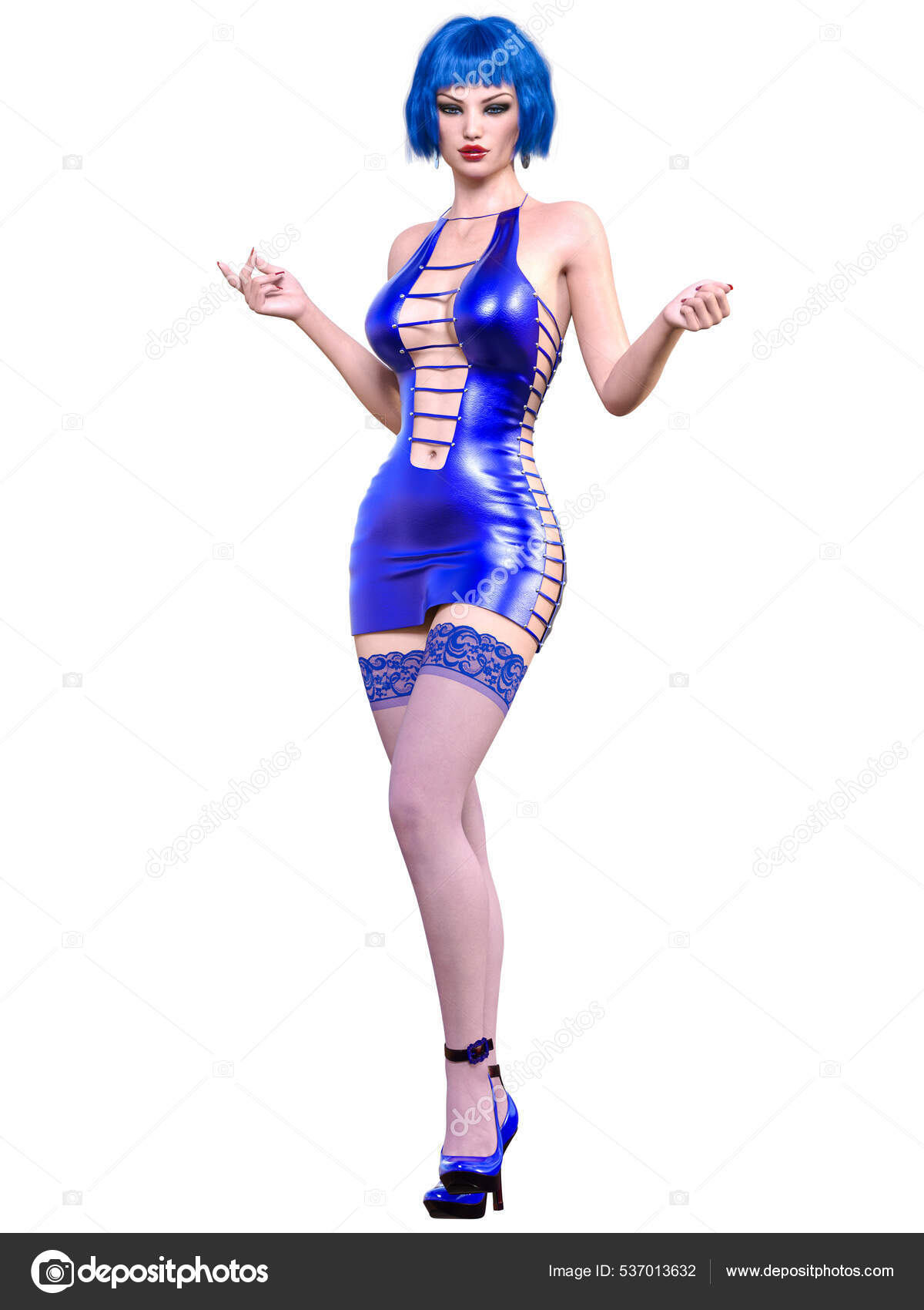 Beautiful Woman Blue Short Evening Latex Mini Dress Stocking Summer ...
