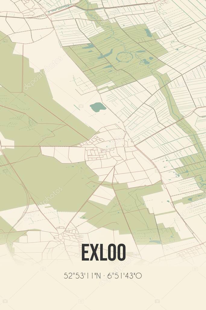 Retro Dutch city map of Exloo located in Drenthe. Vintage street map. 2023