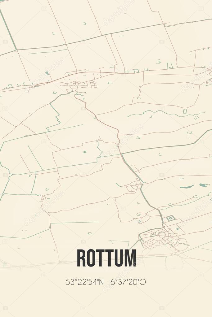 Retro Dutch city map of Rottum located in Groningen. Vintage street map ...