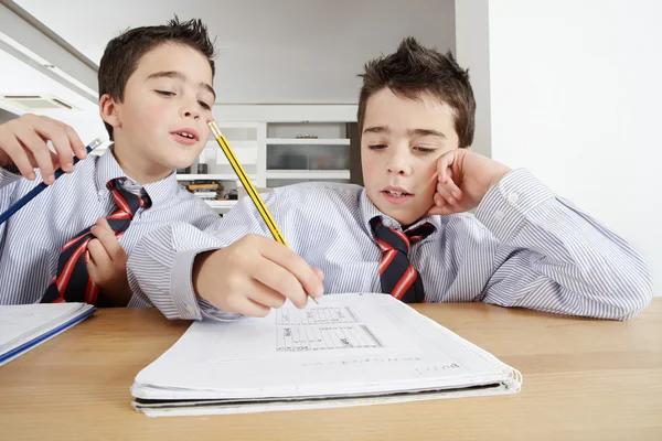 Two young twin brothers doing homework at home, sharing a wood table ...