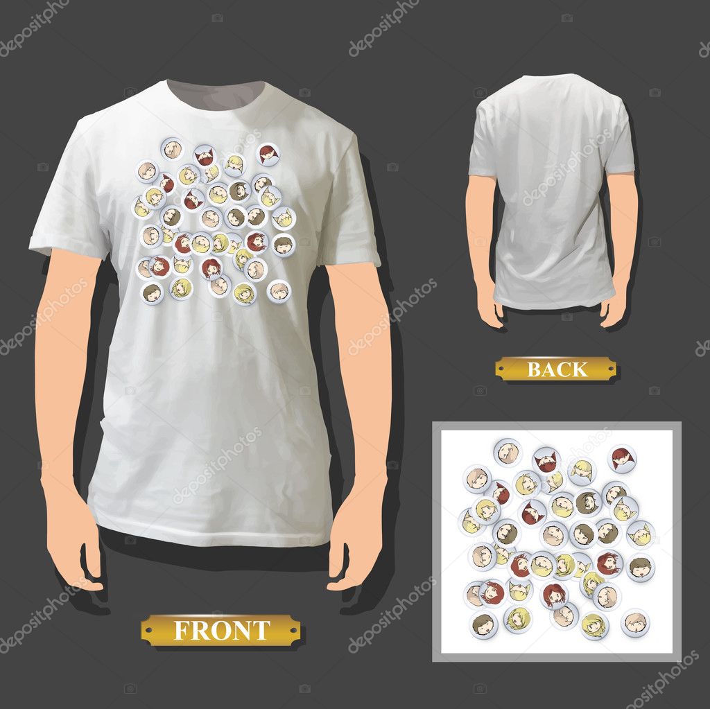 Buttons with faces of kids printed on white shirt. Vector design. Stock ...