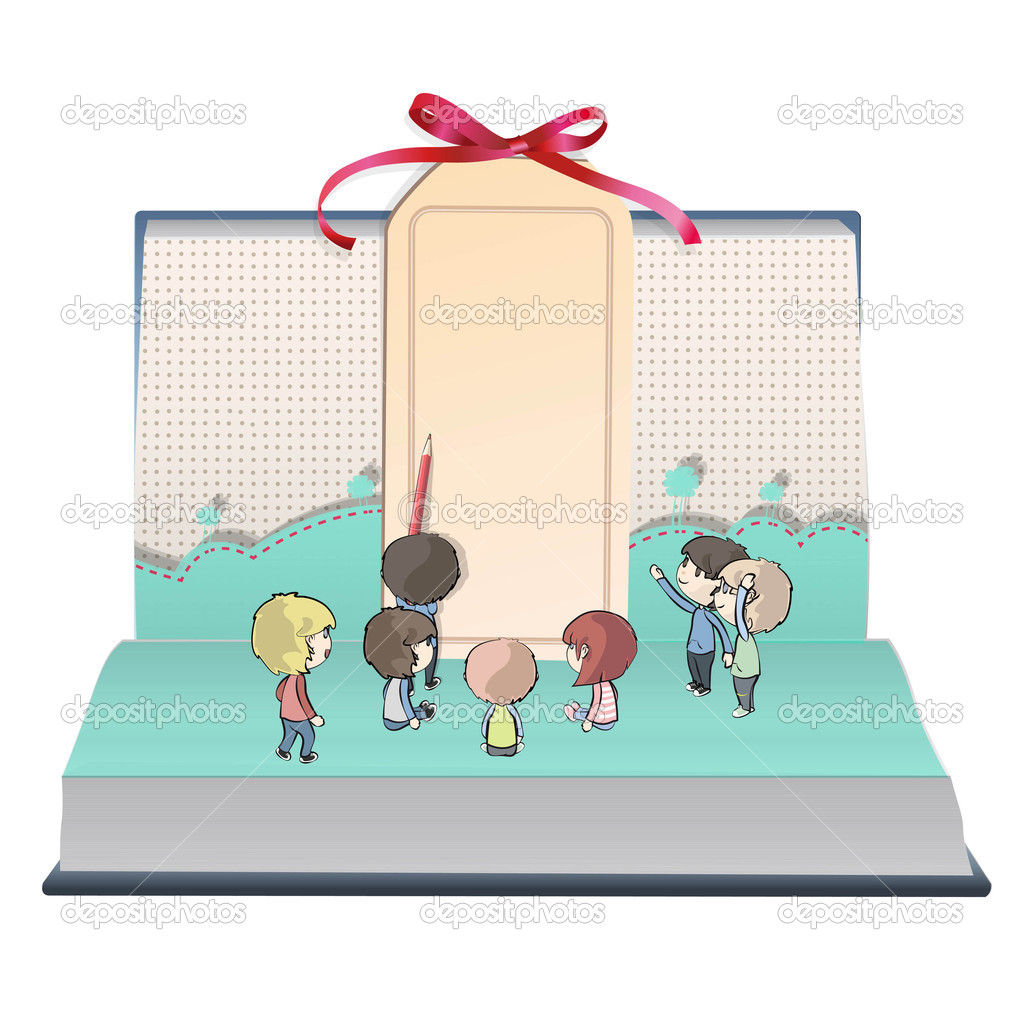 Many kids with gift card inside a book. Vector design. Stock Vector by ...