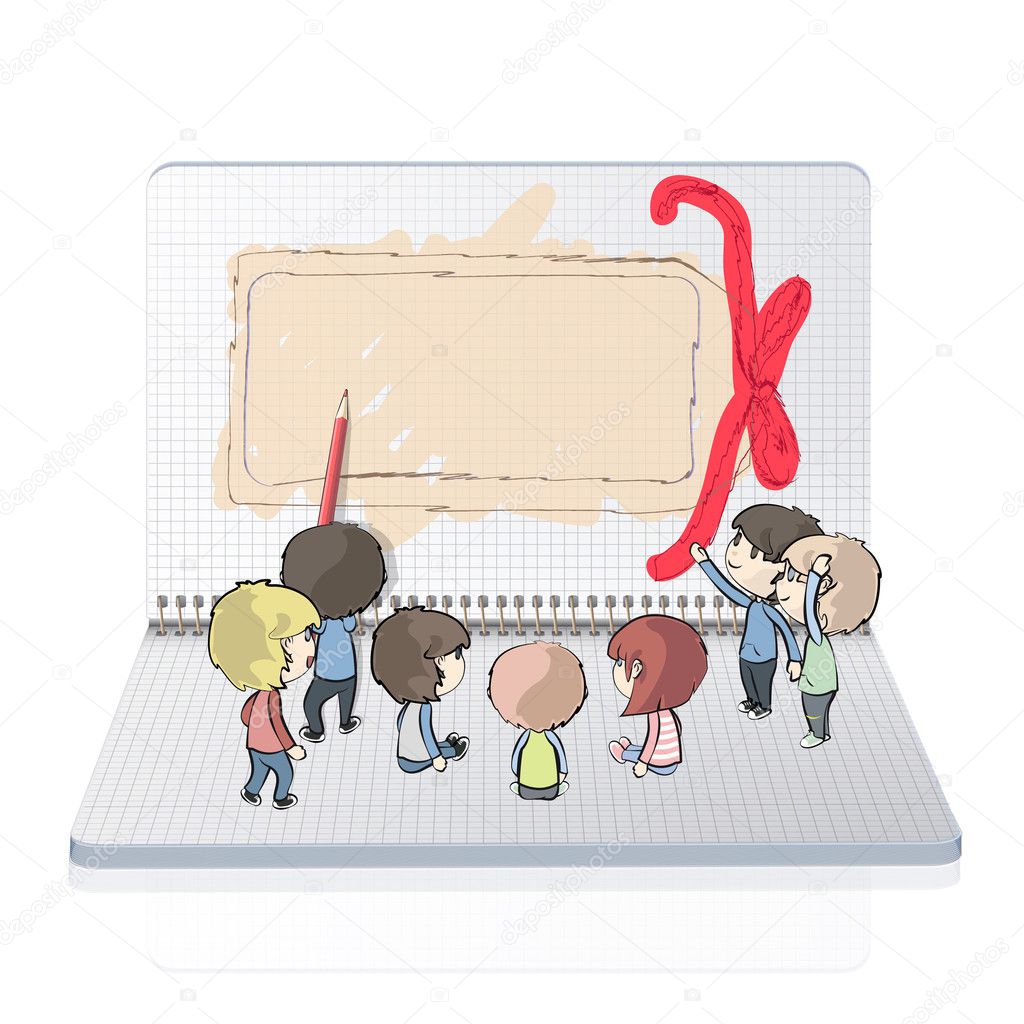 Many kids drawing a gift card in notebook. Vector design. Stock Vector ...