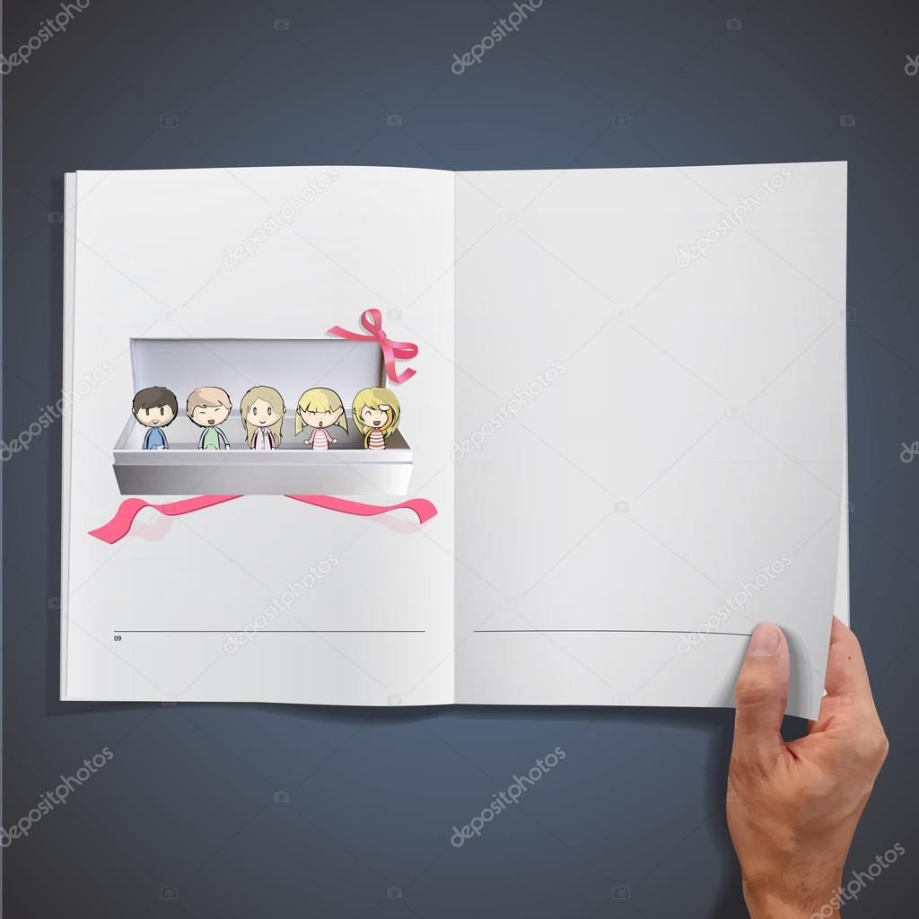 Many friends in a gift box inside a book. Vector illustration. Stock ...