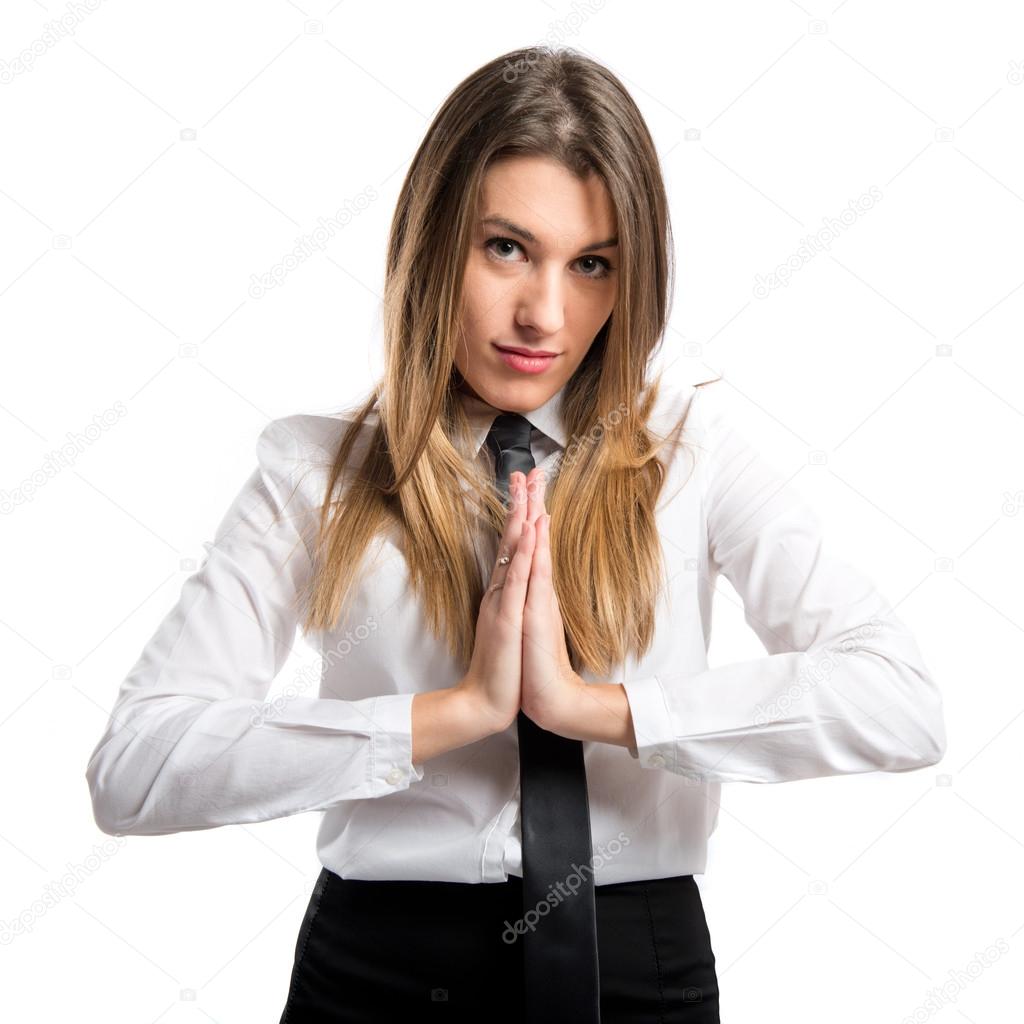 Linda joven suplicando sobre fondo blanco — Foto de stock #40590899 ...