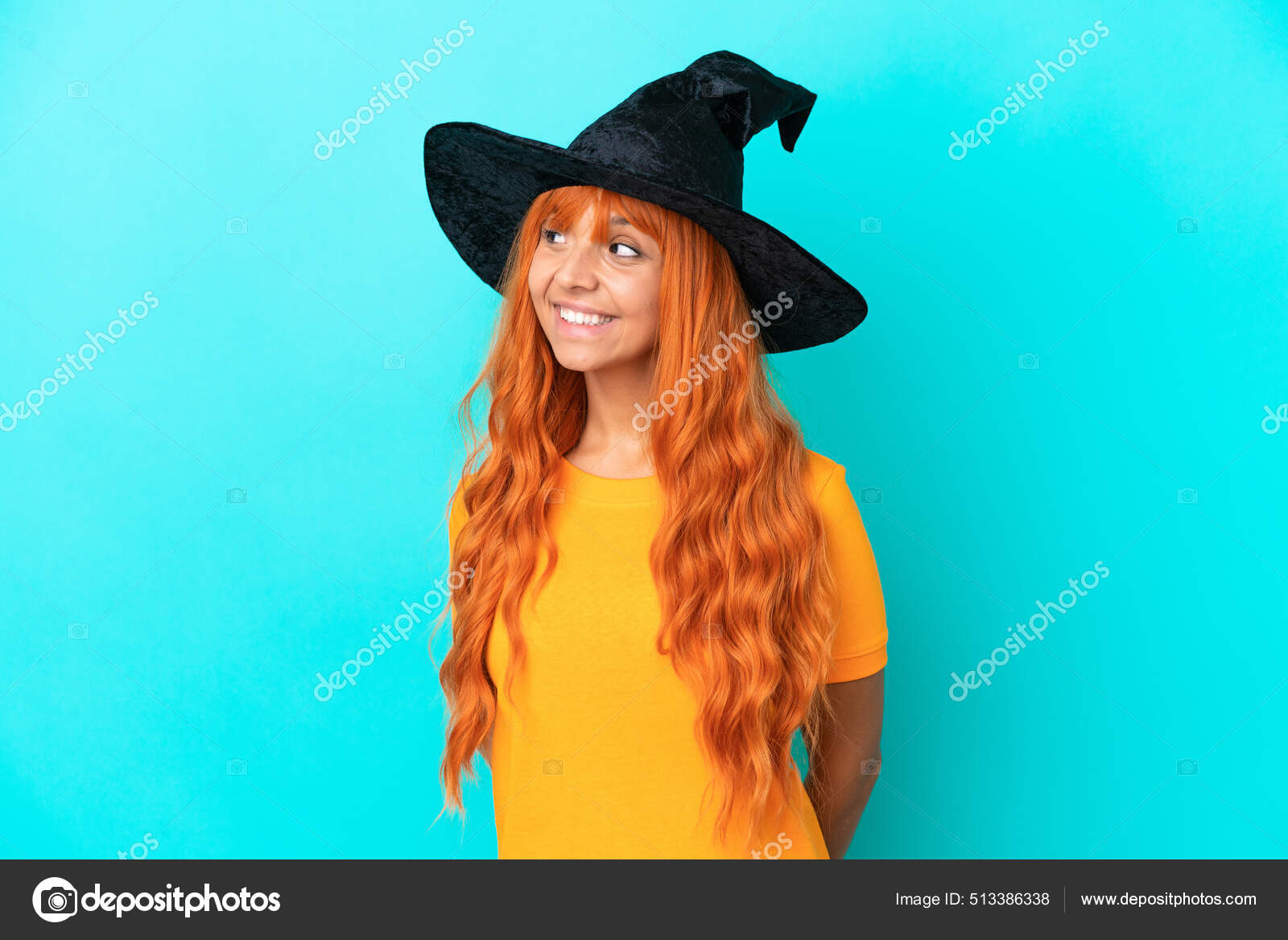 Young Woman Disguised Witch Isolated Blue Background Looking Side ...