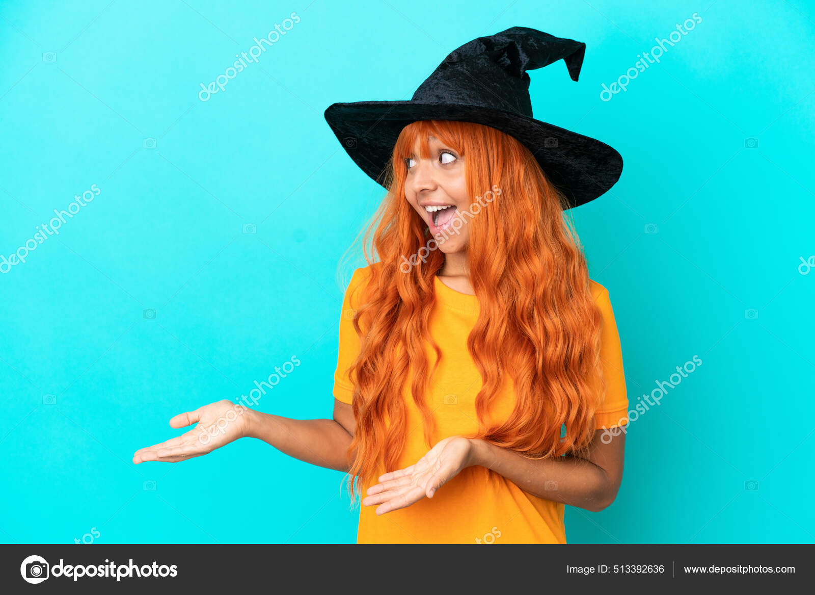Young Woman Disguised Witch Isolated Blue Background Surprise Facial ...