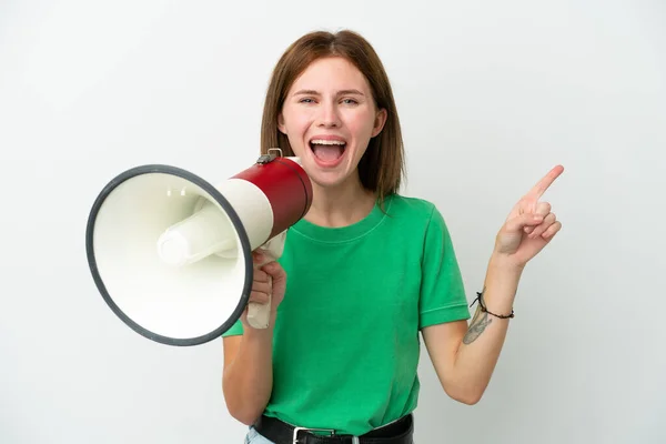 Young English Woman Medals Isolated Pink Background Shouting Megaphone ...