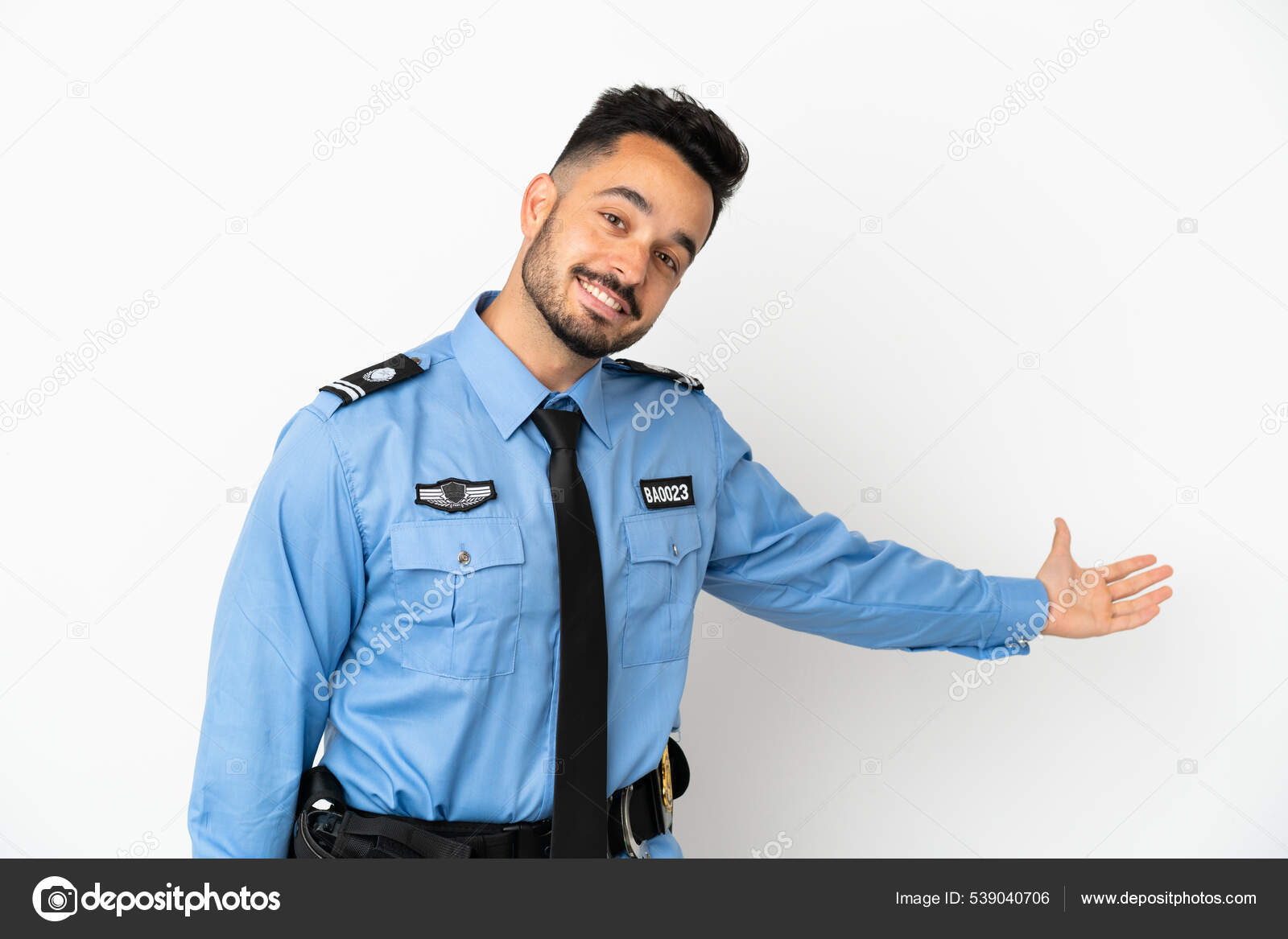 Police Caucasian Man Isolated White Background Extending Hands Side ...