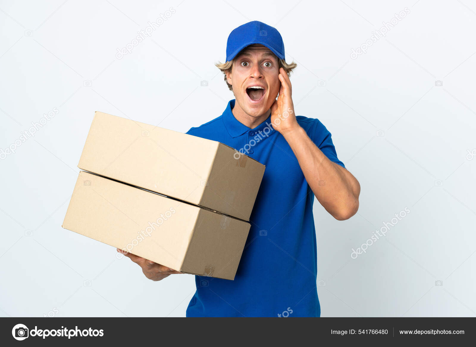 Delivery Man Isolated White Background Surprise Shocked Facial ...