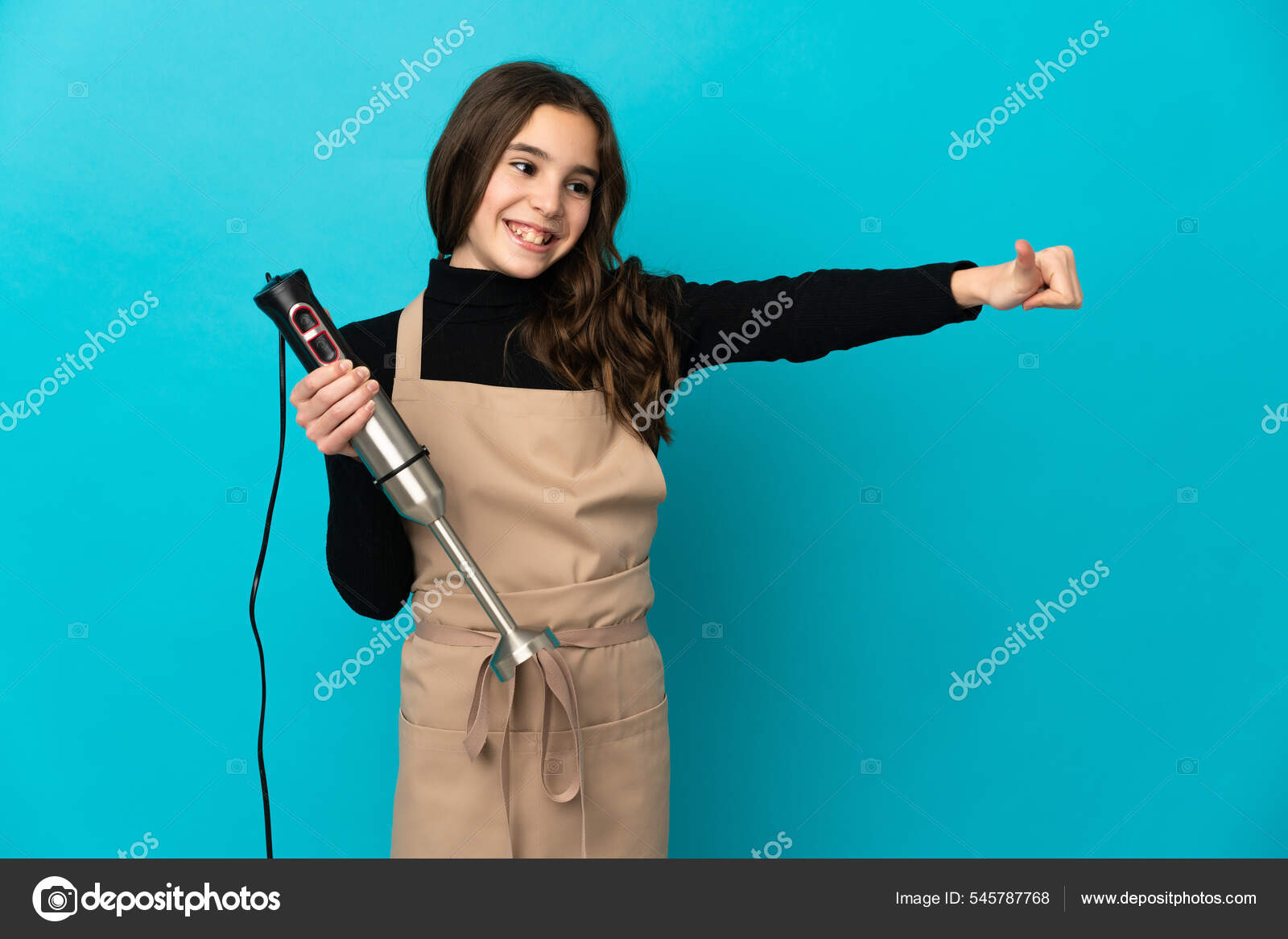 Little Girl Using Hand Blender Isolated Blue Background Giving Thumbs ...
