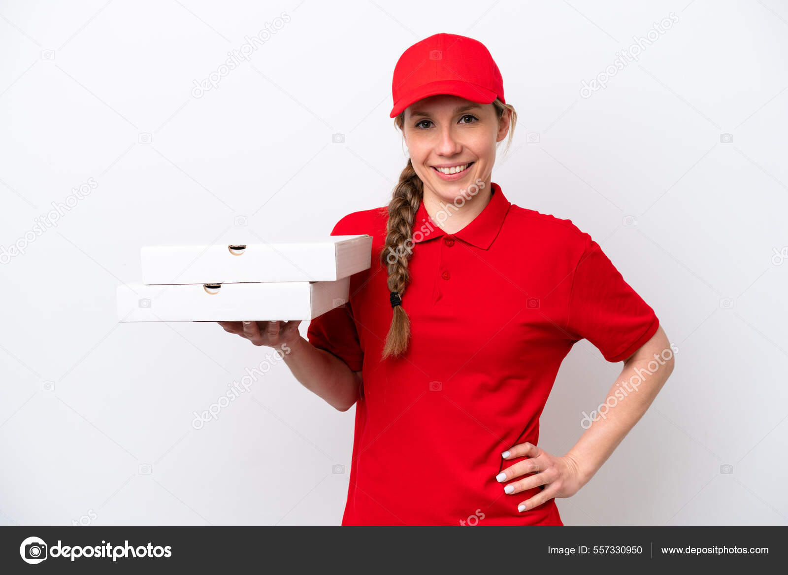 Pizza Delivery Woman Work Uniform Picking Pizza Boxes Isolated White ...
