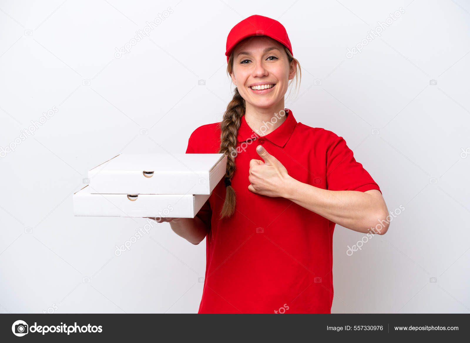 Pizza Delivery Woman Work Uniform Picking Pizza Boxes Isolated White ...