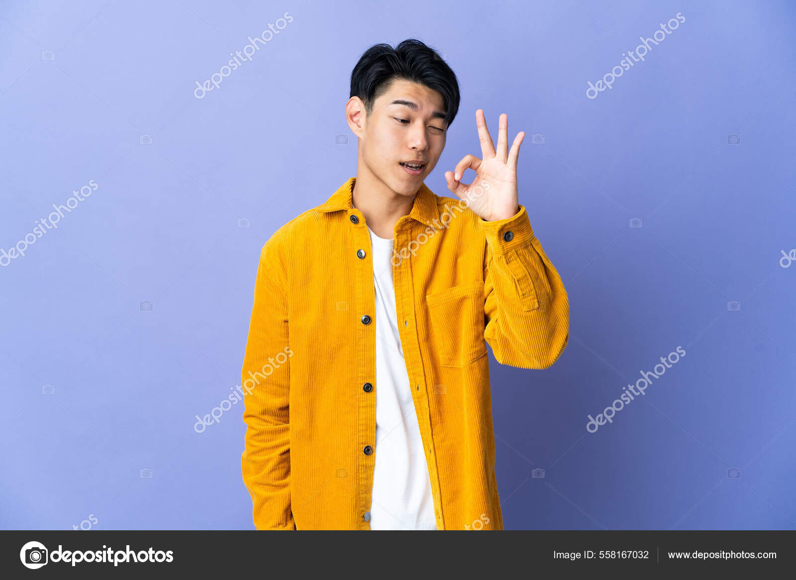 Young Chinese Man Isolated Purple Background Showing Sign Fingers ...