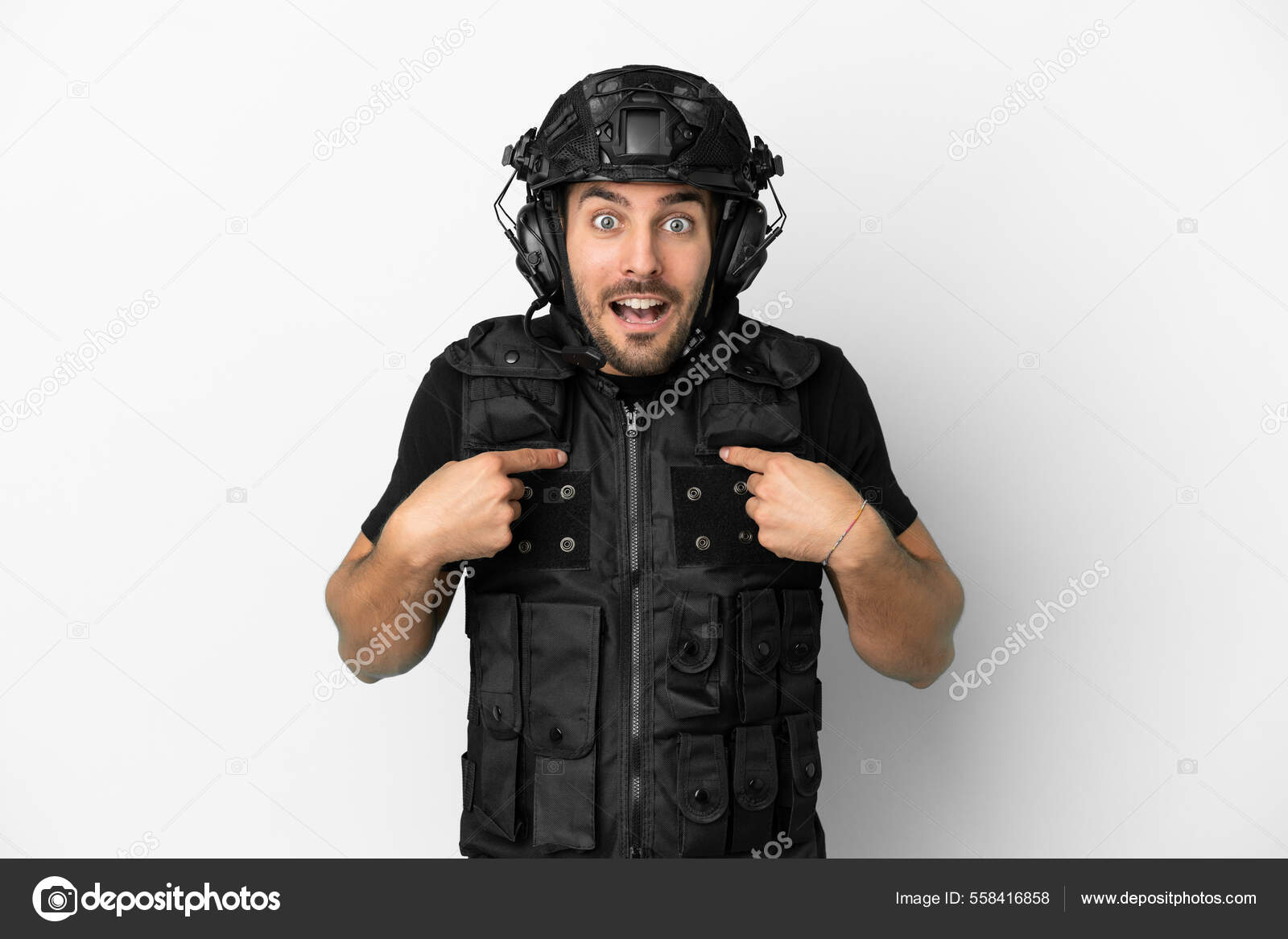 Young Caucasian Swat Isolated White Background Surprise Facial ...