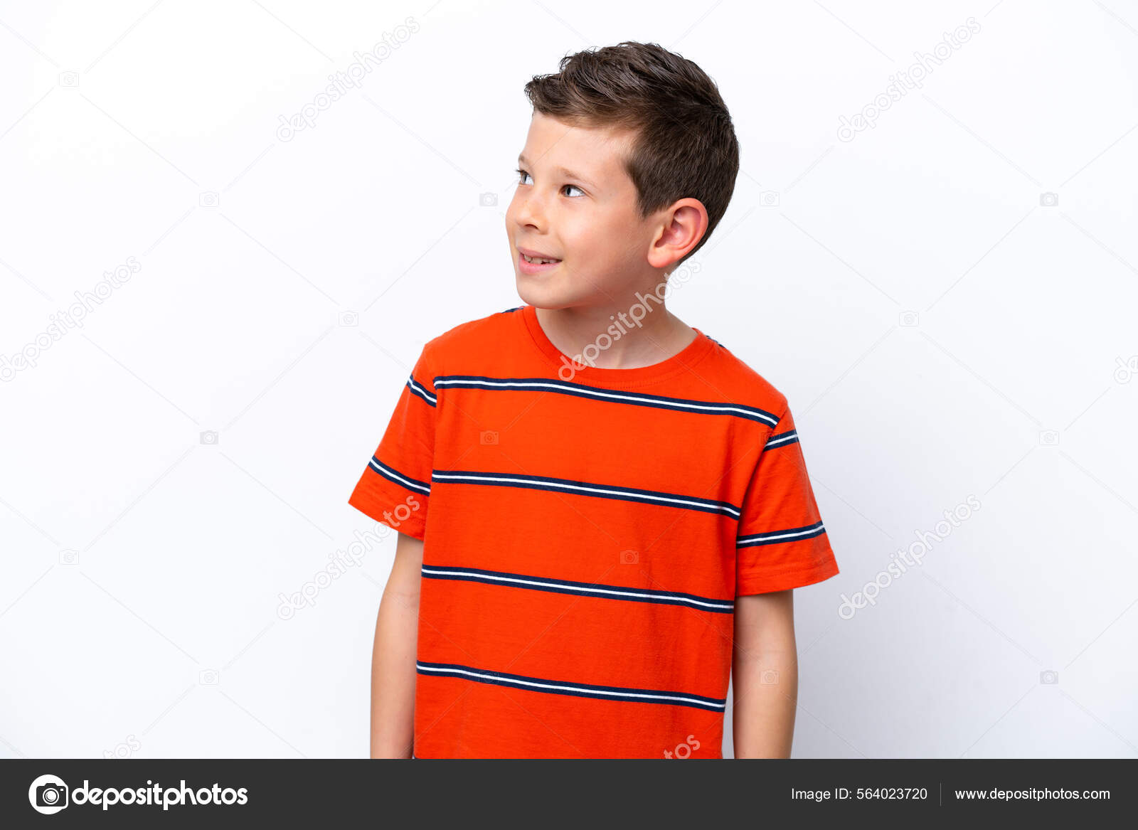 Little Boy Isolated White Background Looking Side Smiling — Stock Photo ...