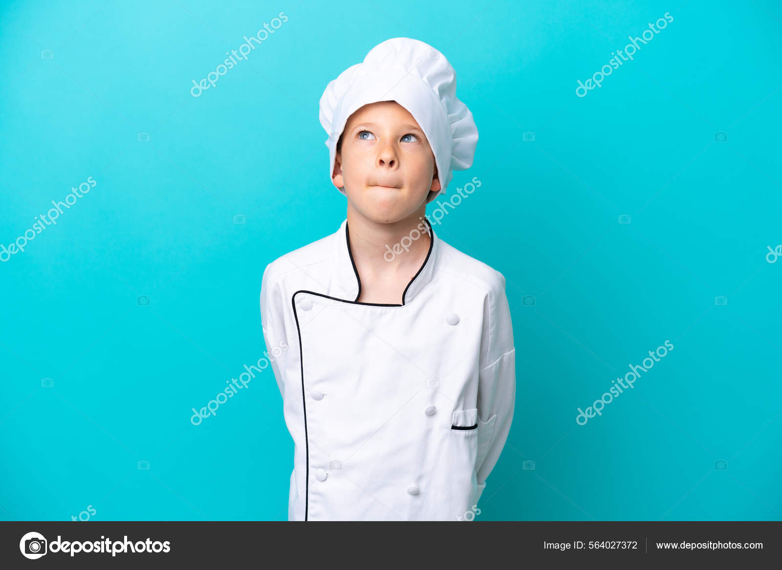 Little Chef Boy Isolated Blue Background Looking — Stock Photo ...