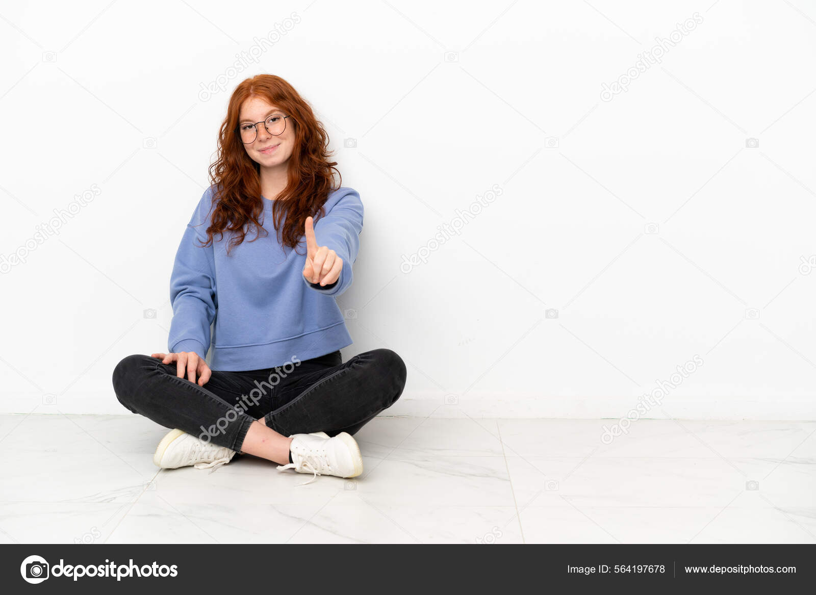 Teenager Redhead Girl Sitting Floor Isolated White Background Showing ...