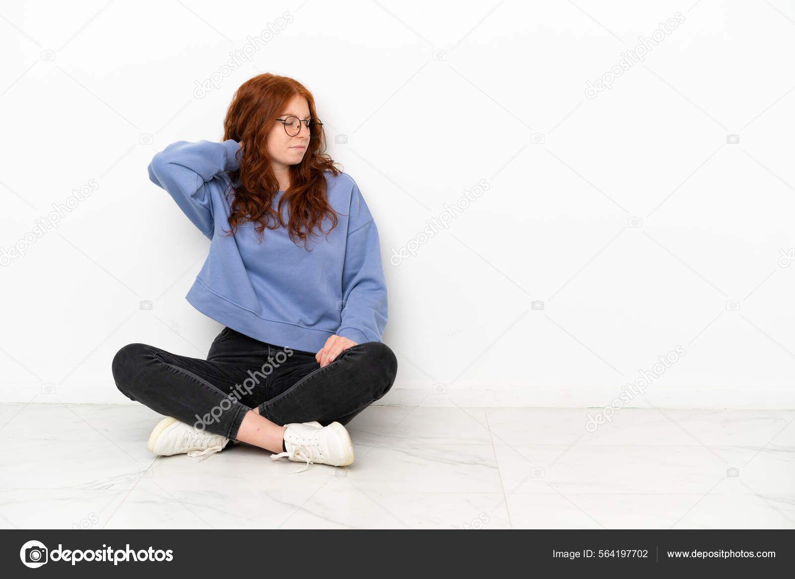 Teenager Redhead Girl Sitting Floor Isolated White Background Neckache ...