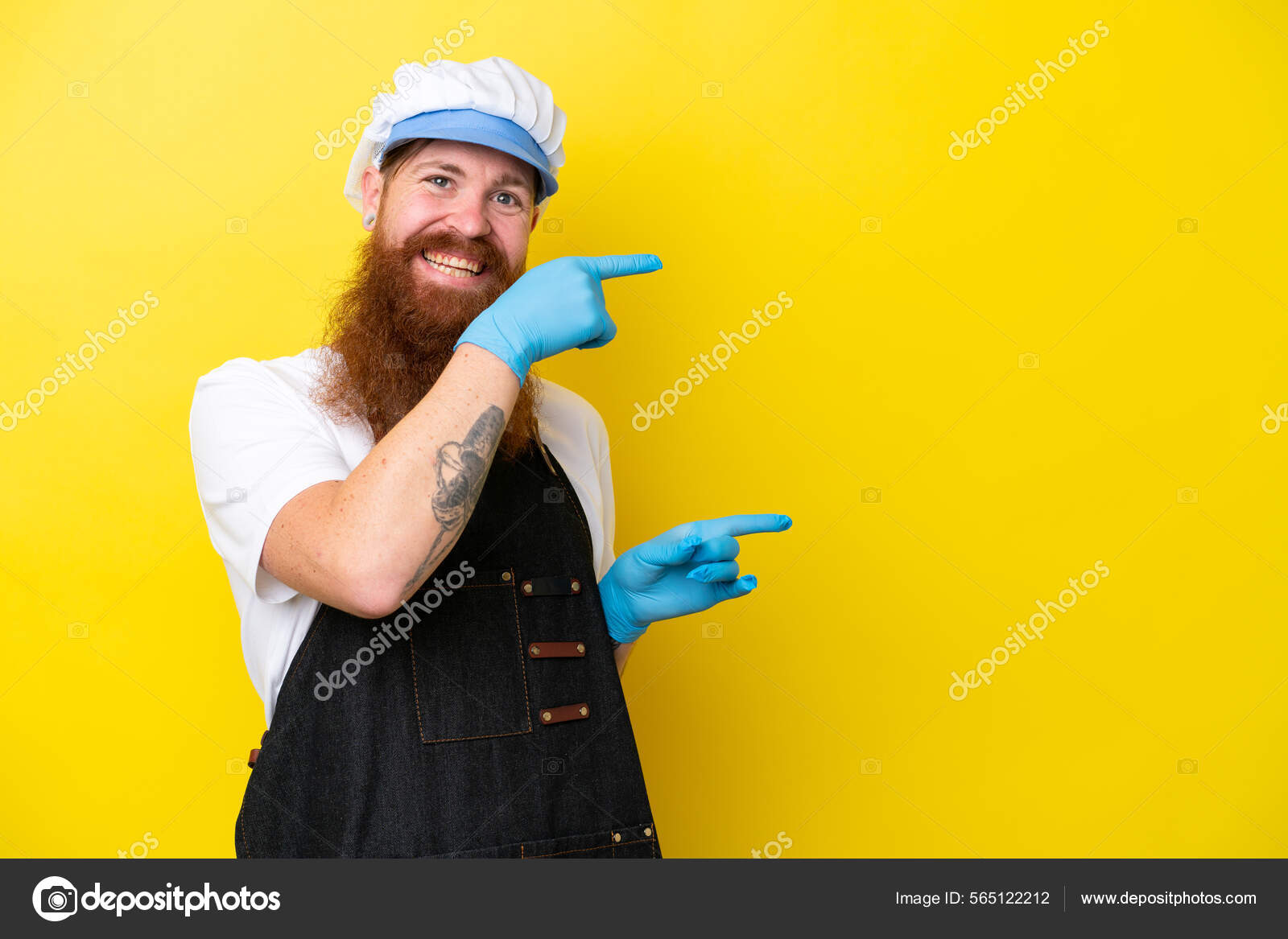Fishmonger Wearing Apron Isolated Yellow Background Pointing Finger ...