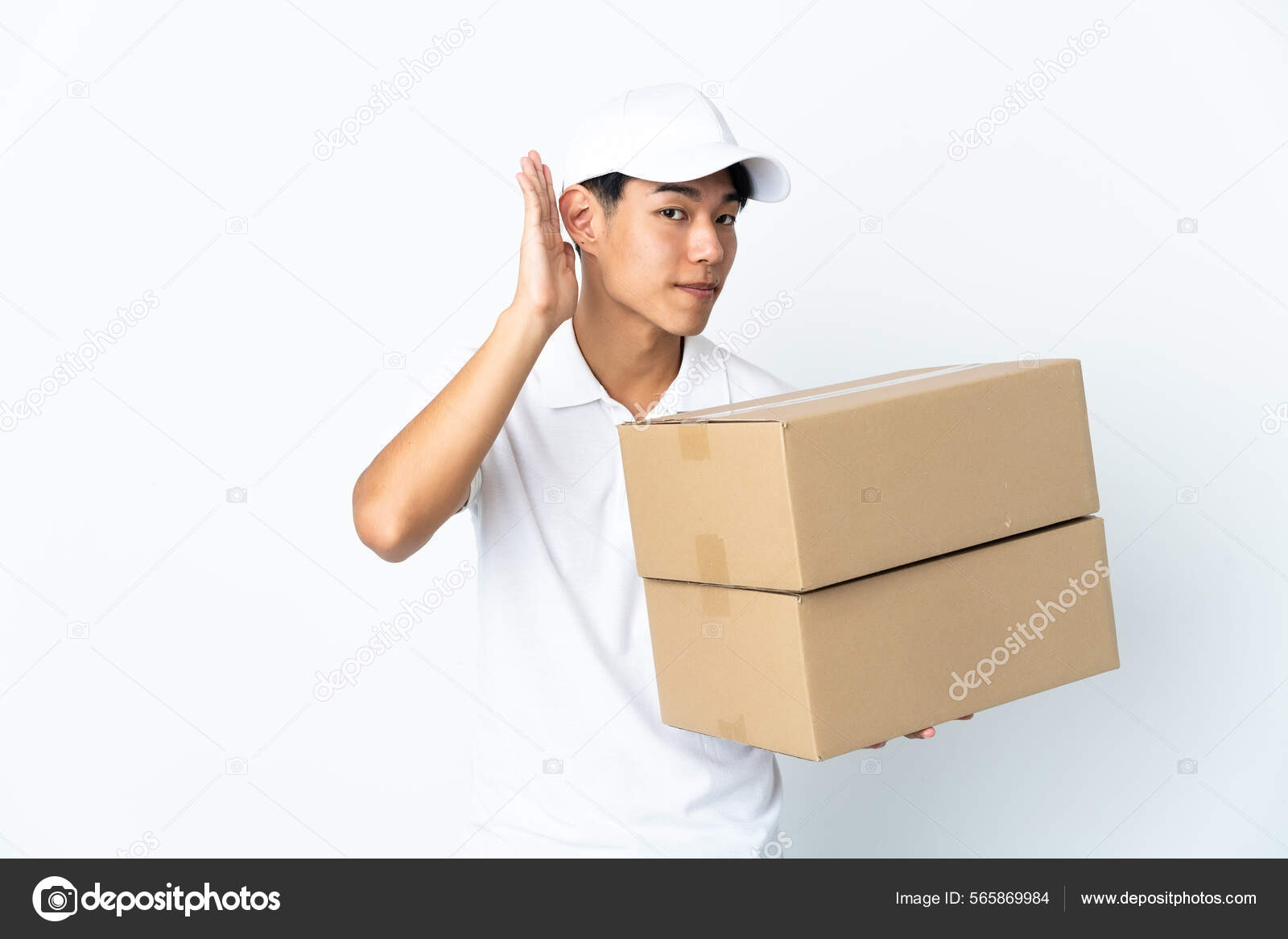 Delivery Chinese Man Isolated White Background Listening Something ...