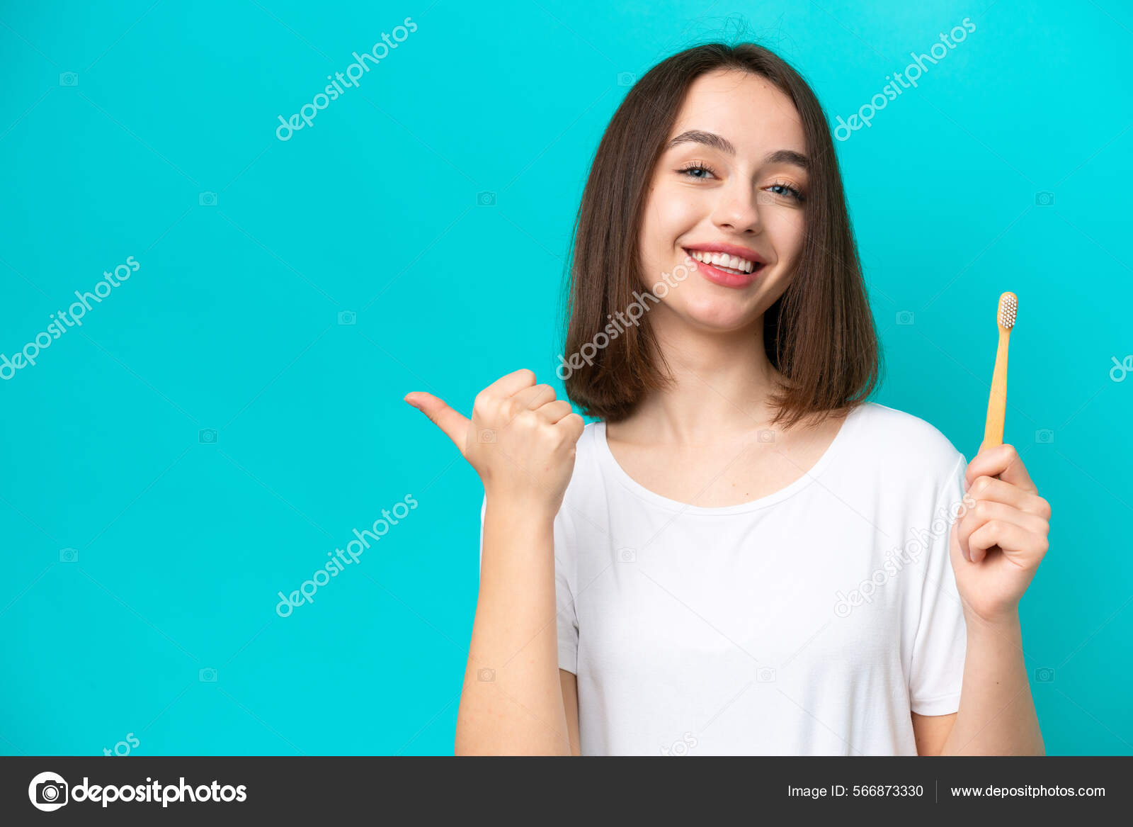 Young Ukrainian Woman Brushing Teeth Isolated Blue Background Pointing ...