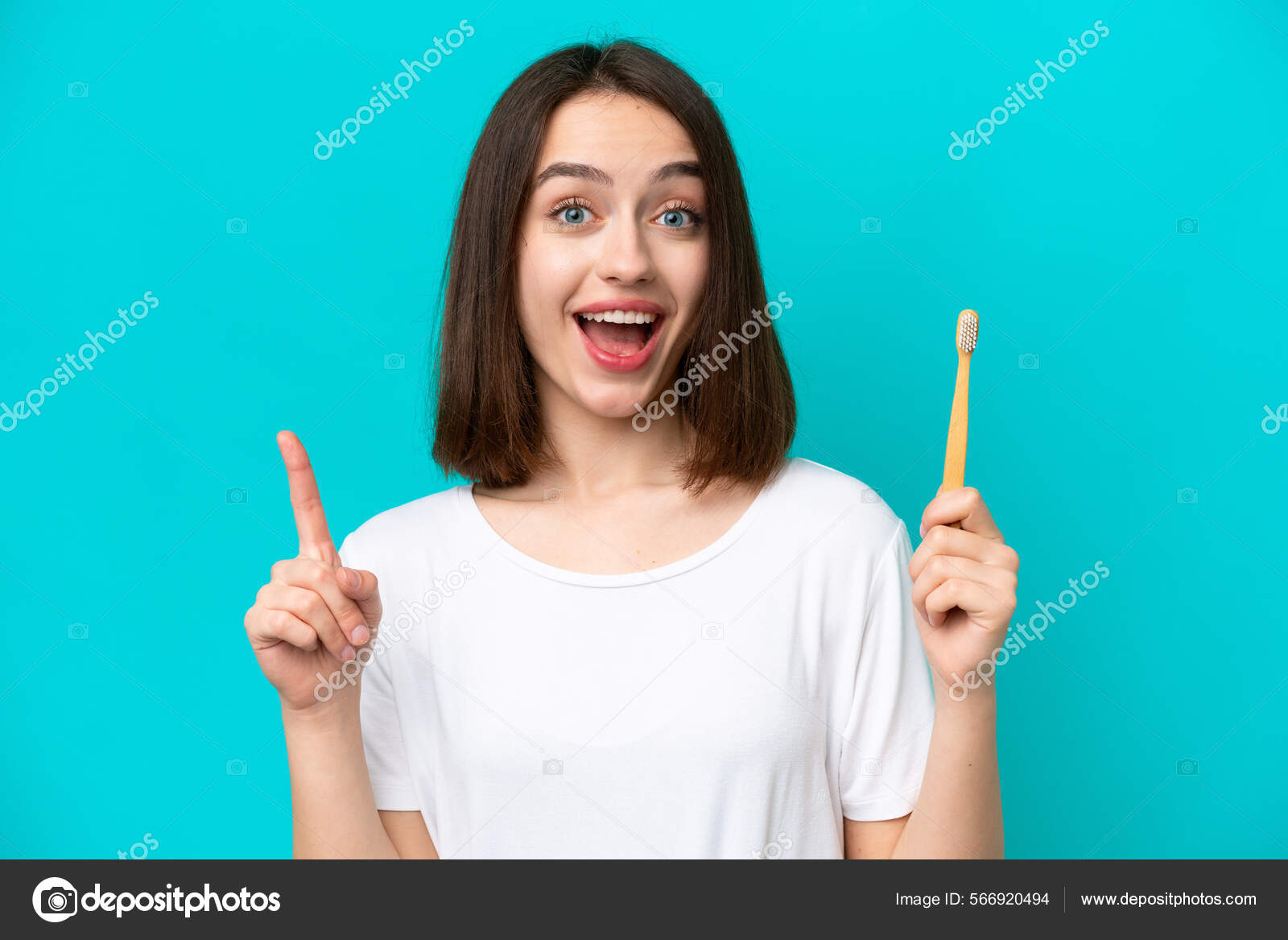 Young Ukrainian Woman Brushing Teeth Isolated Blue Background Pointing ...
