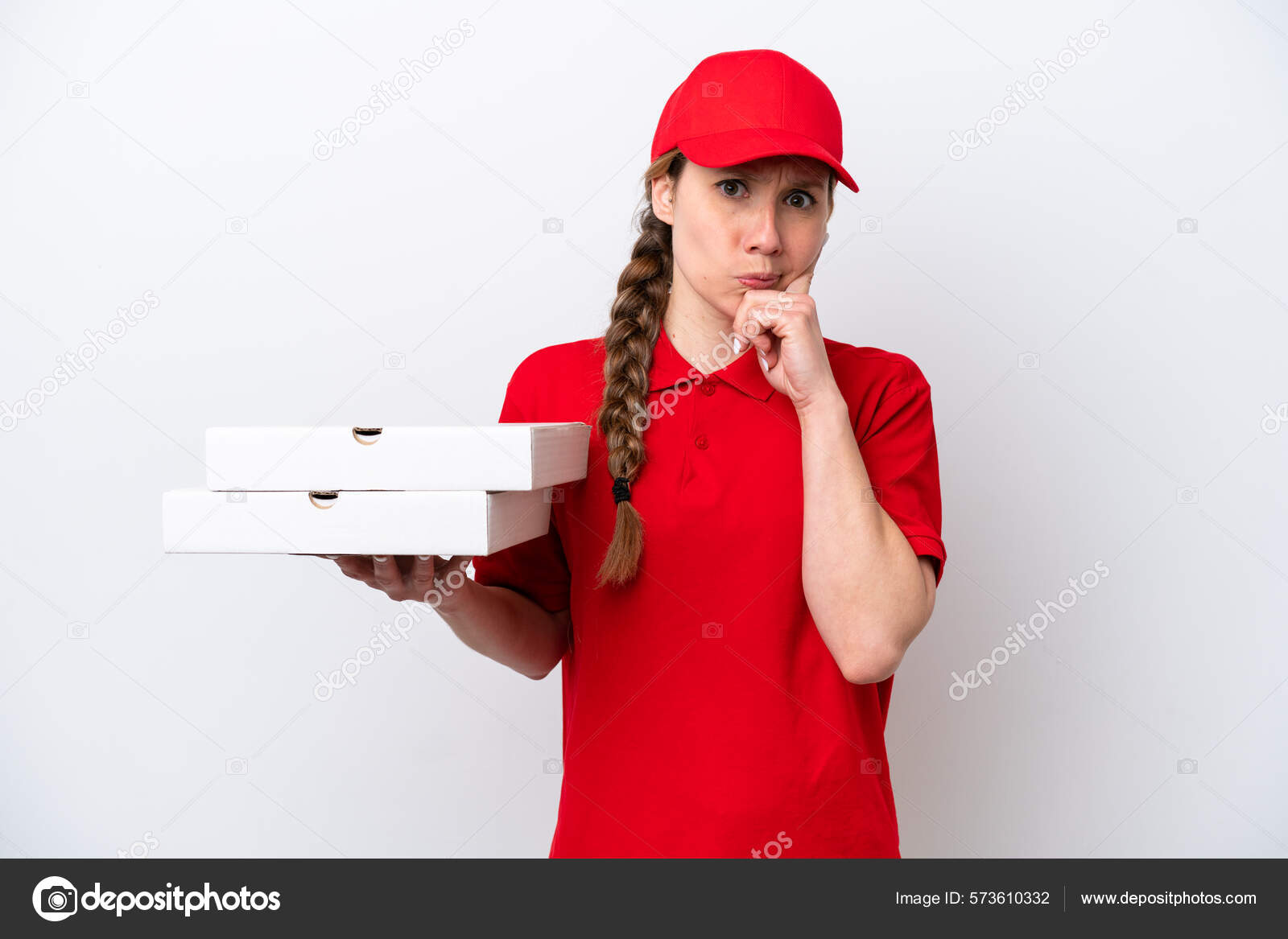 Pizza Delivery Woman Work Uniform Picking Pizza Boxes Isolated White ...