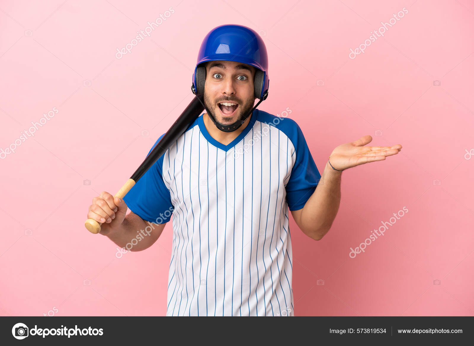 Baseball Player Helmet Bat Isolated Pink Background Shocked Facial ...