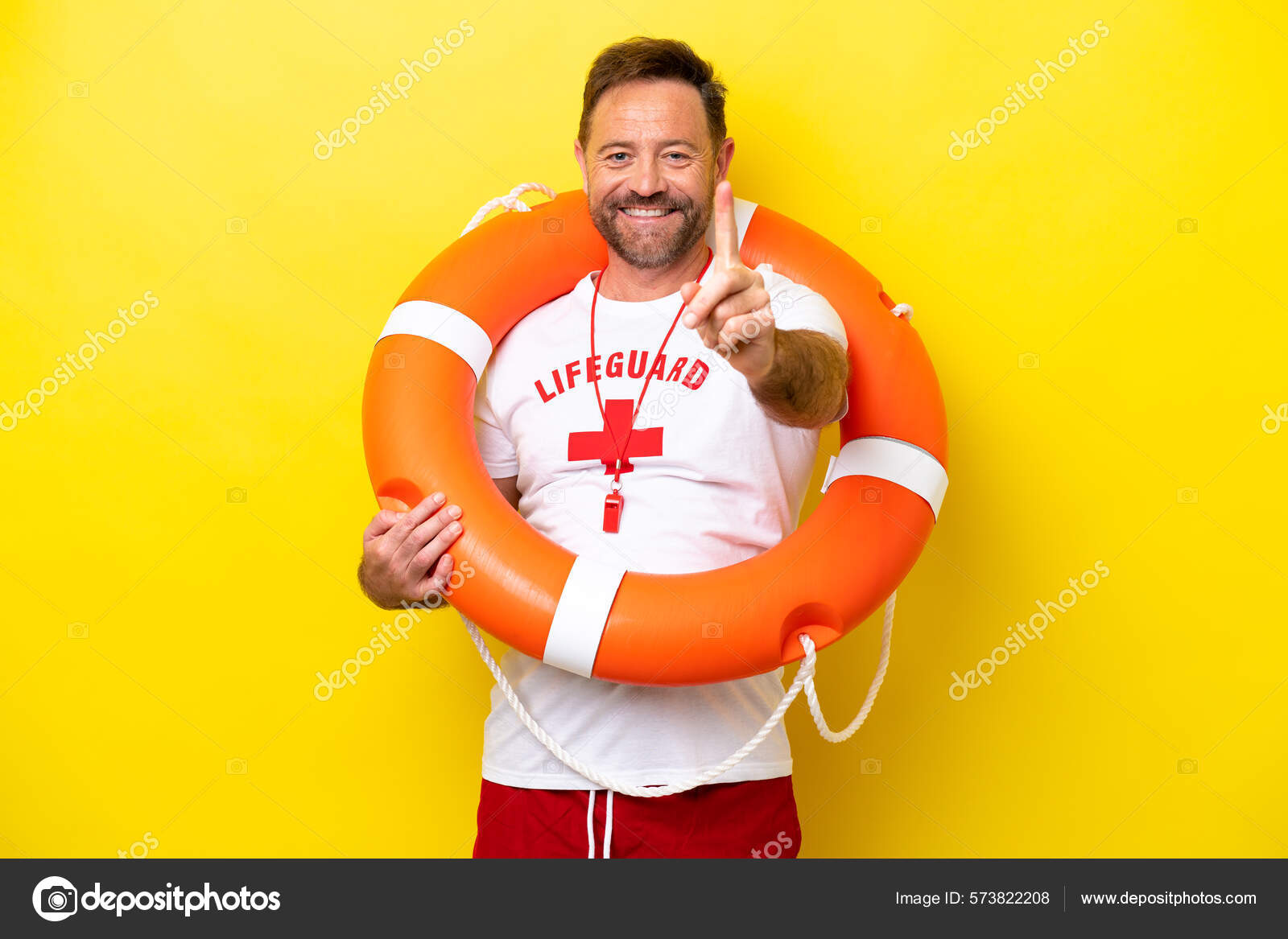 Lifeguard Middle Age Man Isolated Yellow Background Showing Lifting ...