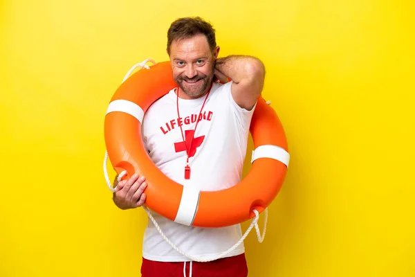Lifeguard Middle Age Man Isolated Yellow Background Showing Lifting ...