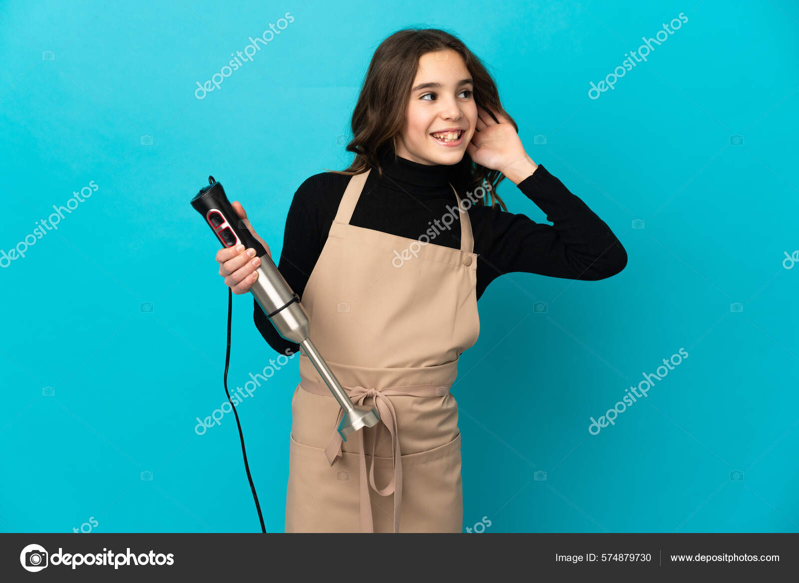 Little Girl Using Hand Blender Isolated Blue Background Listening ...