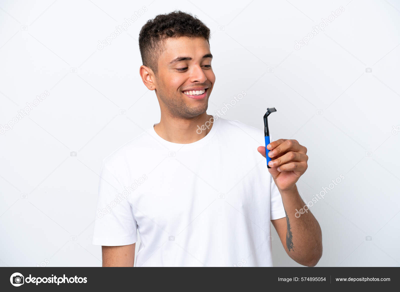 Young Brazilian Man Shaving His Beard Isolated White Background Happy