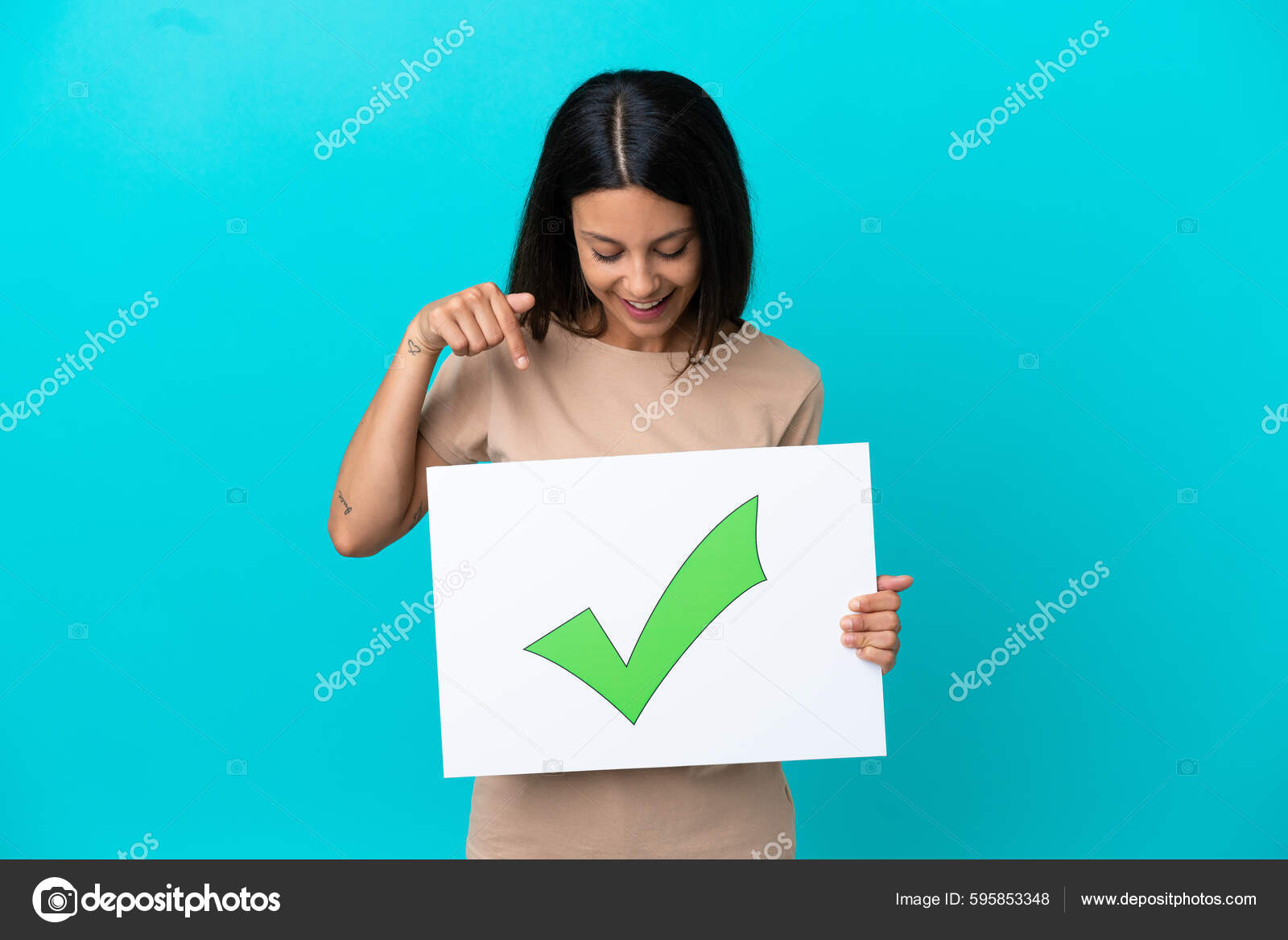 Young Woman Isolated Background Holding Placard Text Green Check Mark ...