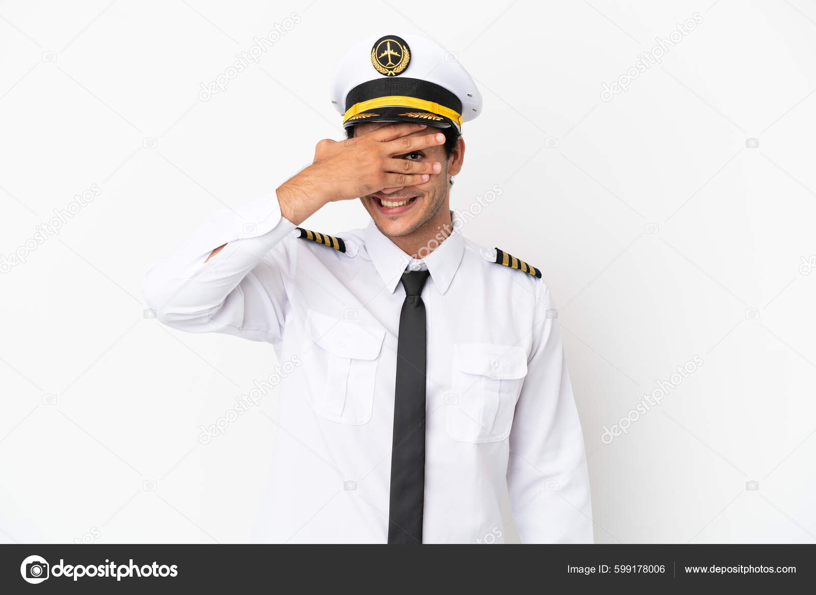Airplane Pilot Isolated White Background Covering Eyes Hands Smiling ...