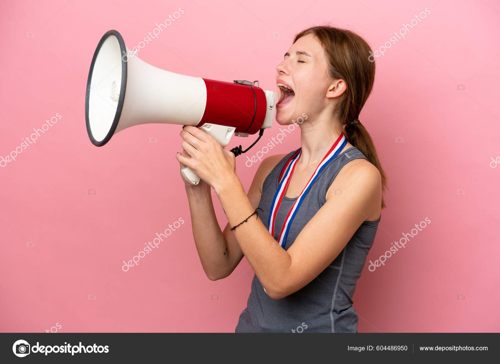 Young English Woman Medals Isolated Pink Background Shouting Megaphone ...