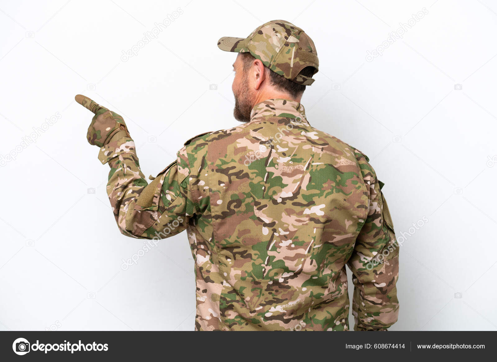 Military Man Isolated White Background Pointing Back Index Finger ...