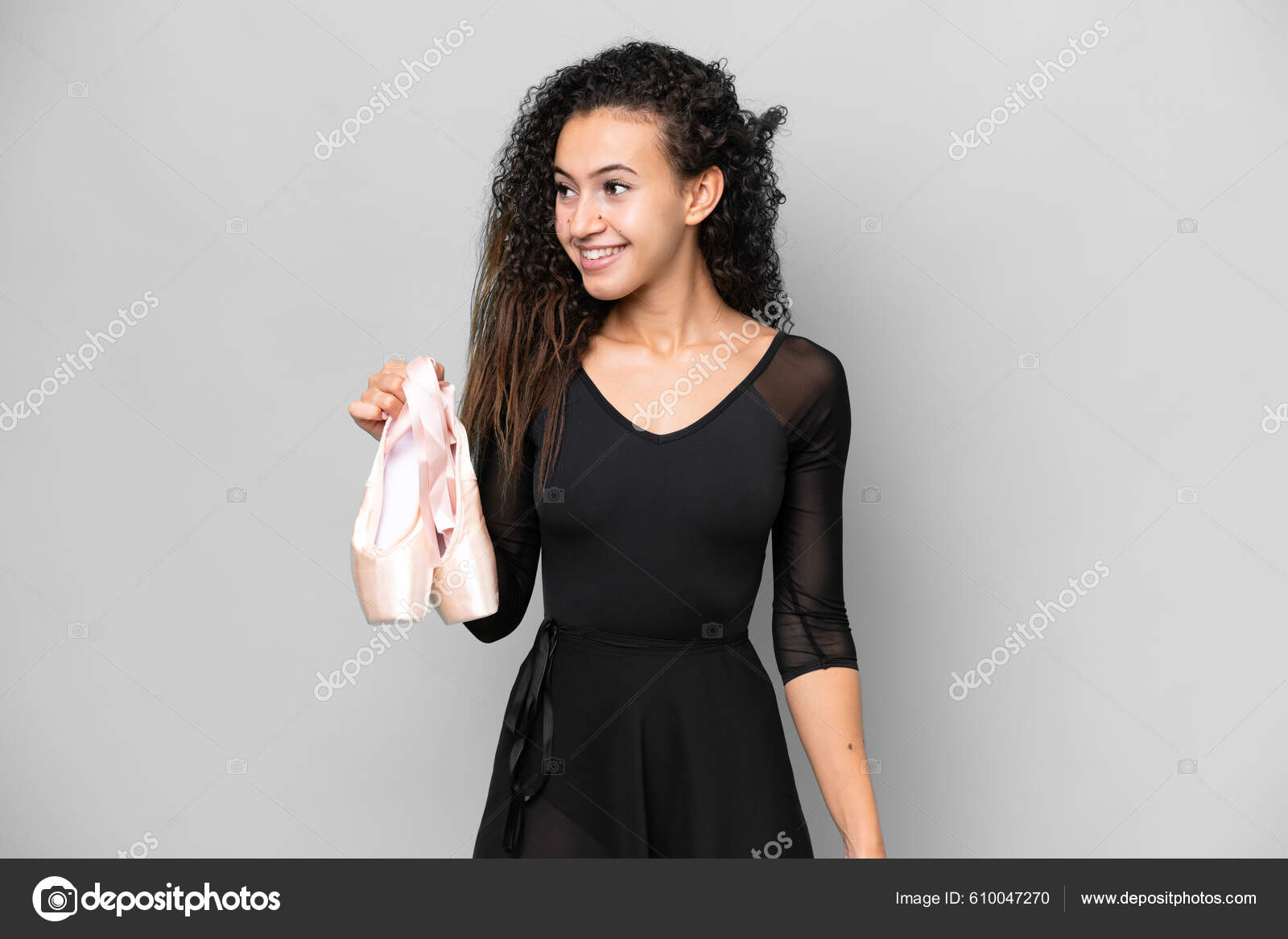 Young Arab Woman Dancing Ballet Isolated Grey Background Looking Side ...