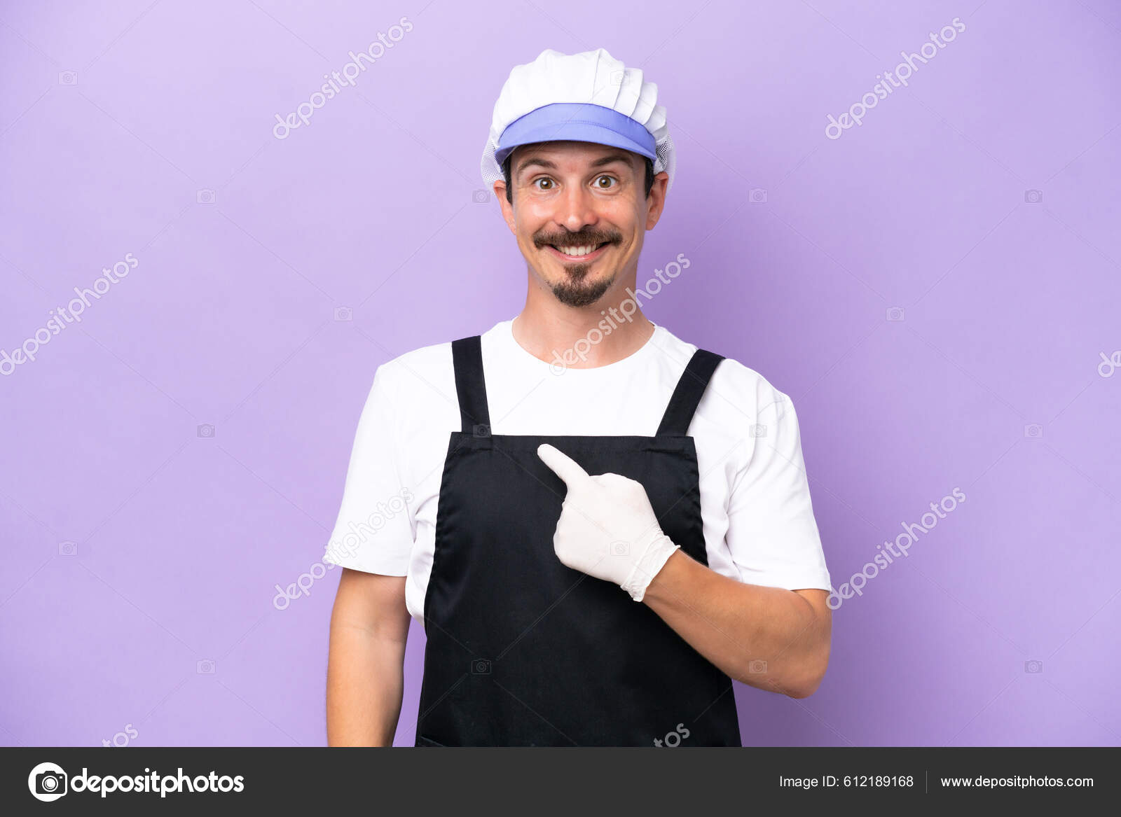 Fishmonger Man Wearing Apron Isolated Purple Background Surprise Facial ...