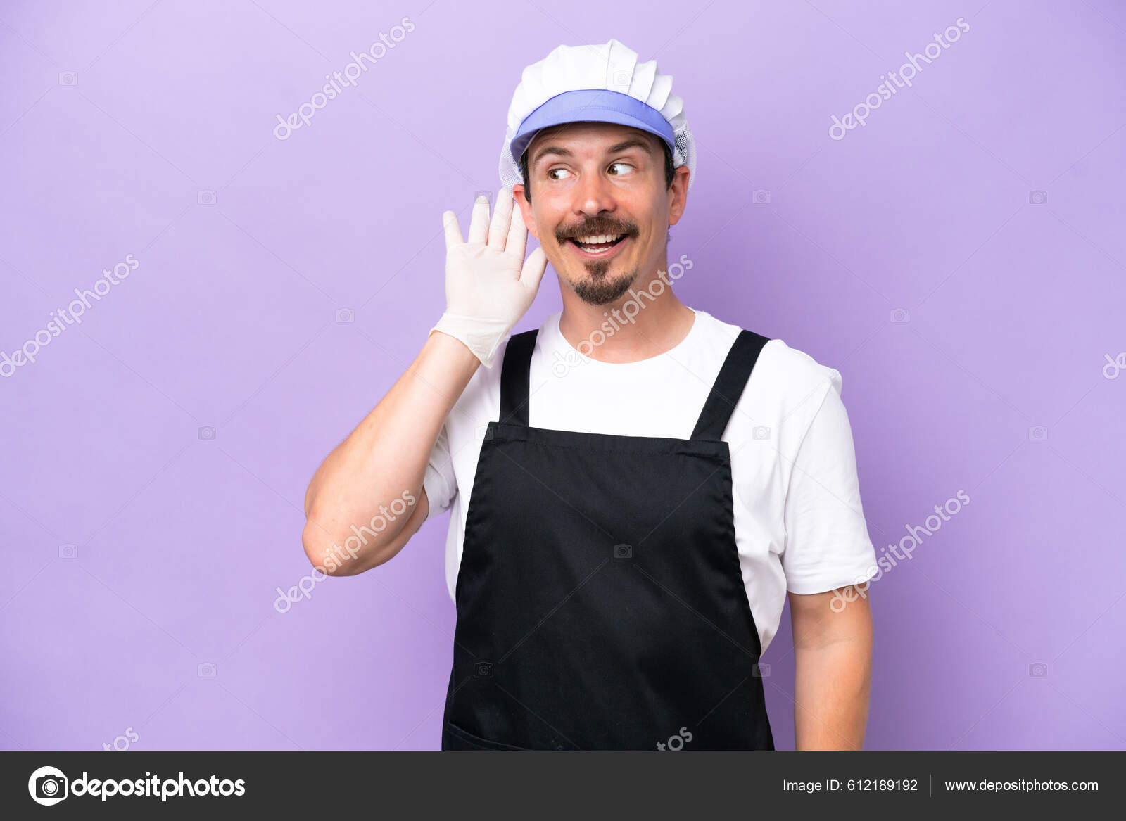 Fishmonger Man Wearing Apron Isolated Purple Background Listening ...