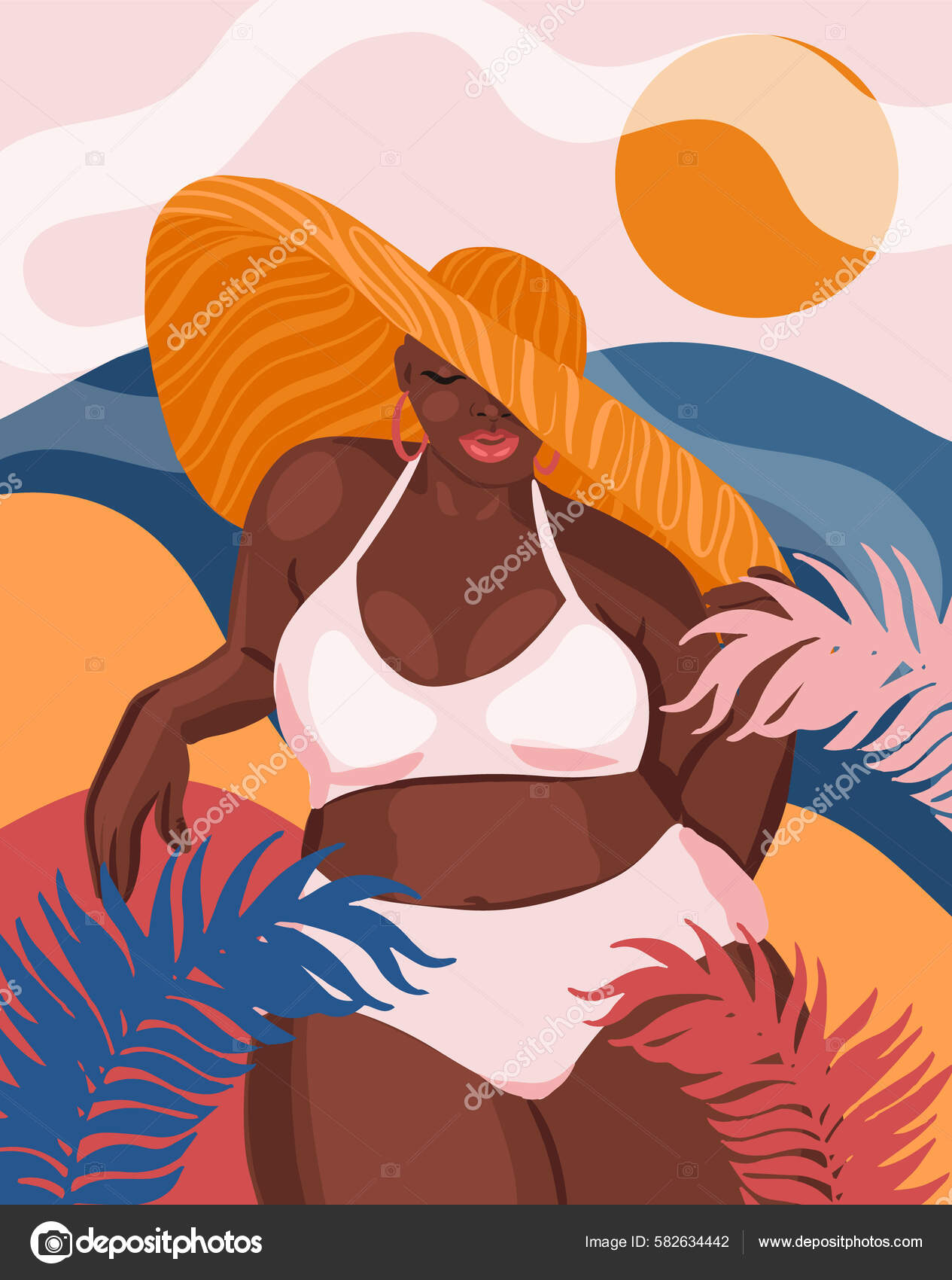 Beautiful Curvy Happy Dark Skinned Girl Body Positive Concept Vector