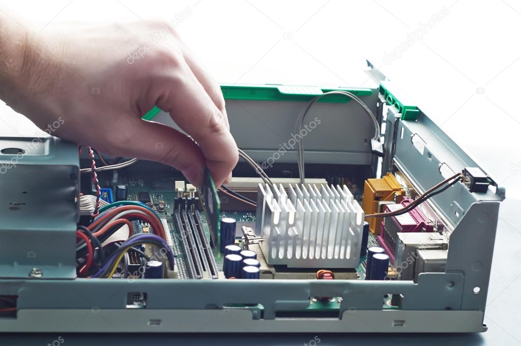 Human hand inserting RAM memory into computer during repair — Stock ... Human hand inserting RAM memory into computer during repair — Stock ...