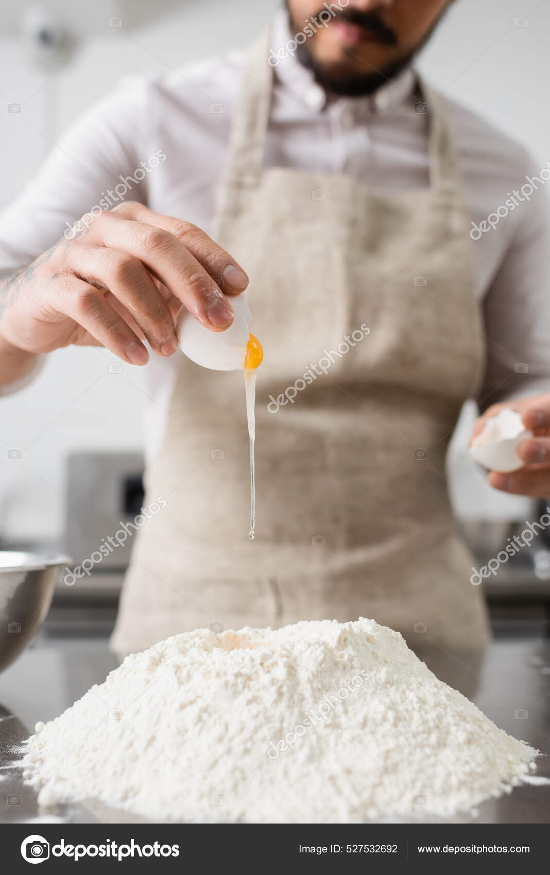 Cropped View Chef Pouring Egg Flour Restaurant Kitchen Stock Photo by ...