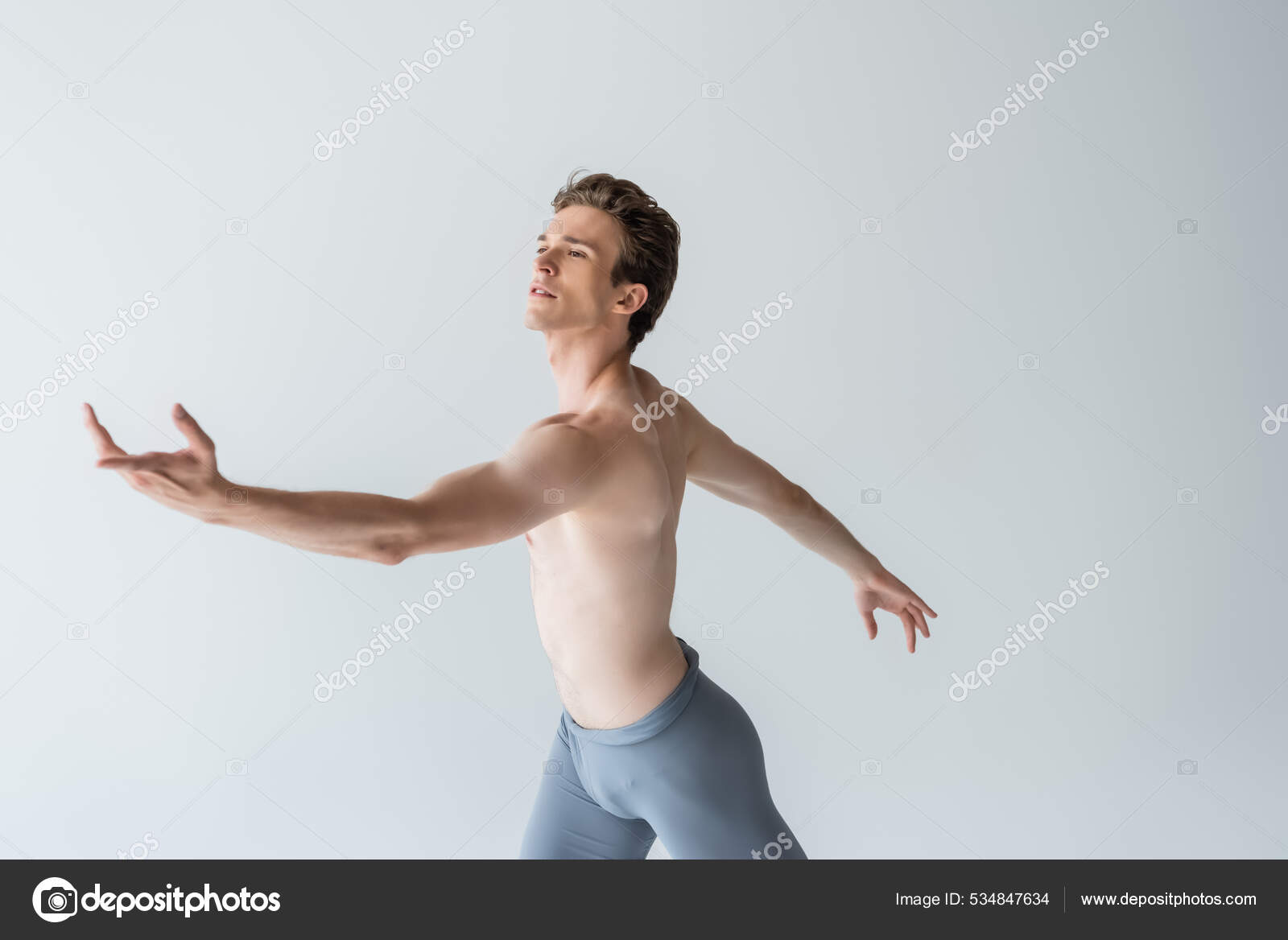 Young Shirtless Ballet Dancer Performing Dance Isolated Grey — Stock ...