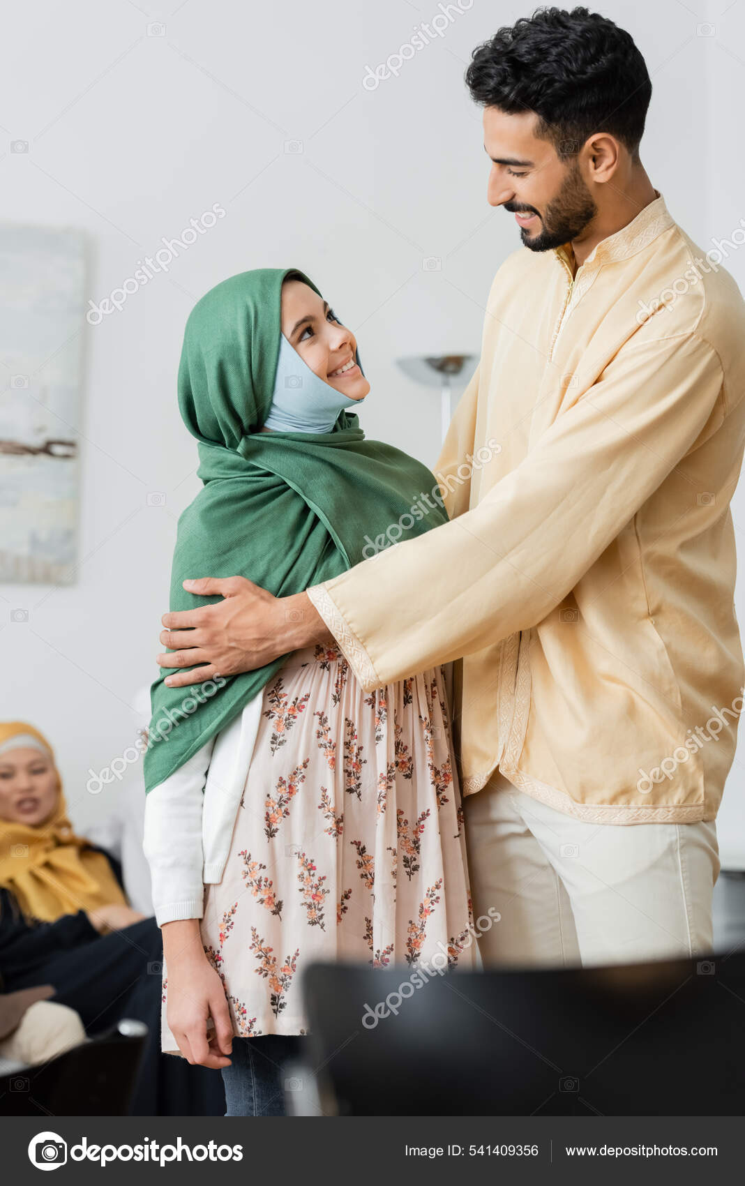 Happy Arabian Man Hugging Muslim Daughter Hijab Home — Stock Photo ...
