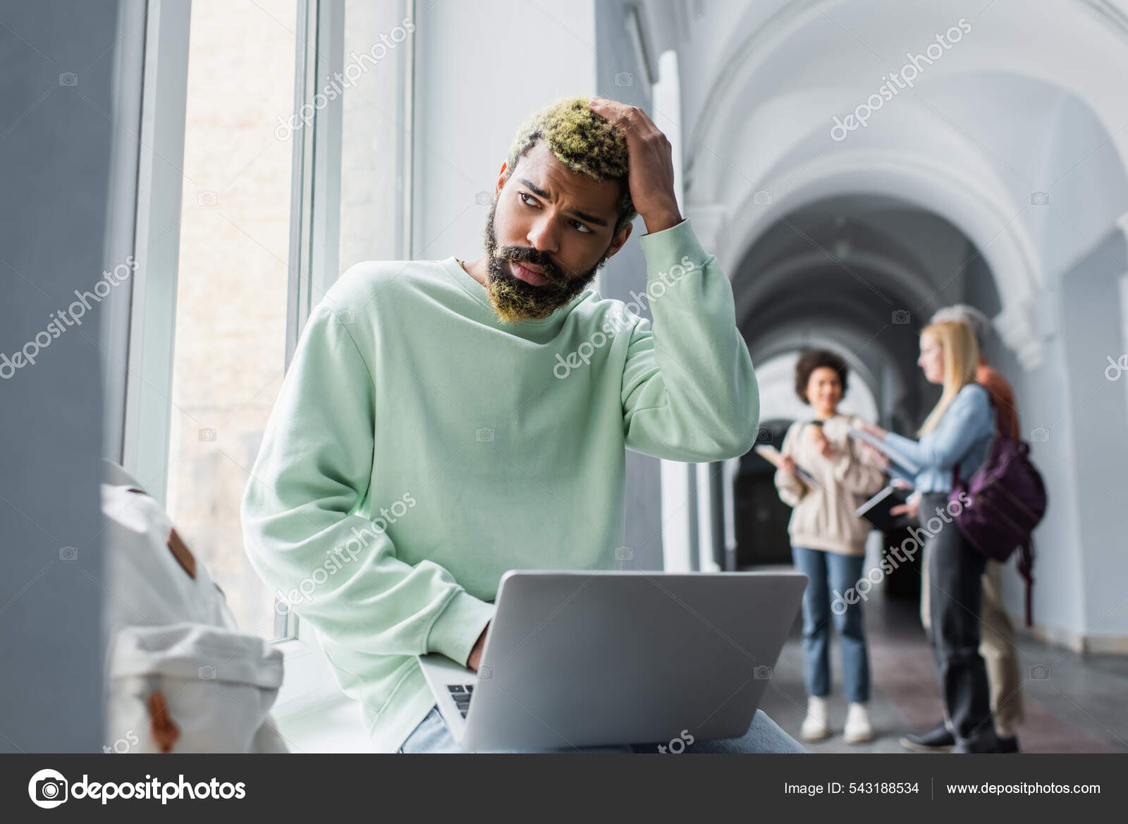 Upset African American Student Using Laptop Window University Corridor ...