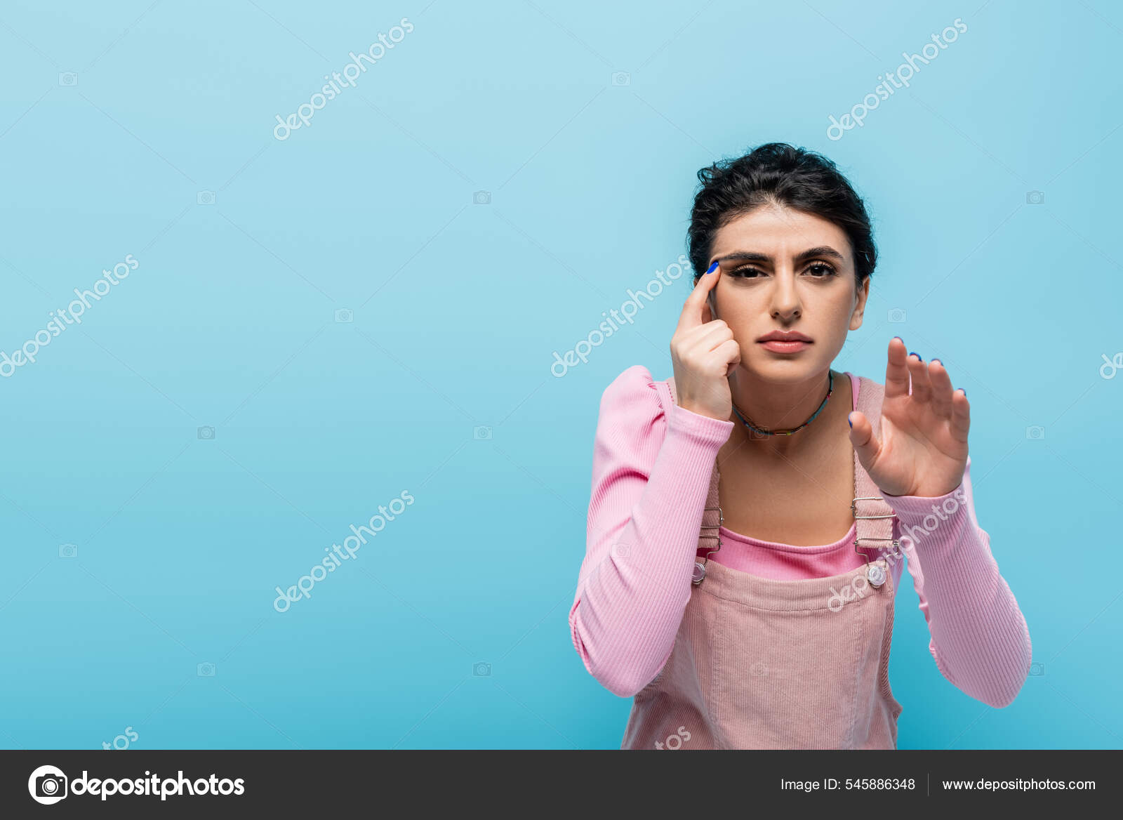 Myopic Woman Touching Eye While Looking Camera Isolated Blue — Stock ...