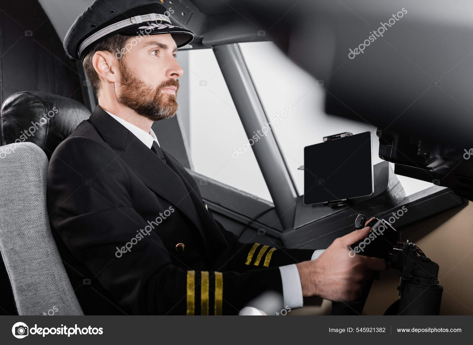 Side View Bearded Pilot Uniform Using Yoke Airplane Stock Photo by ...