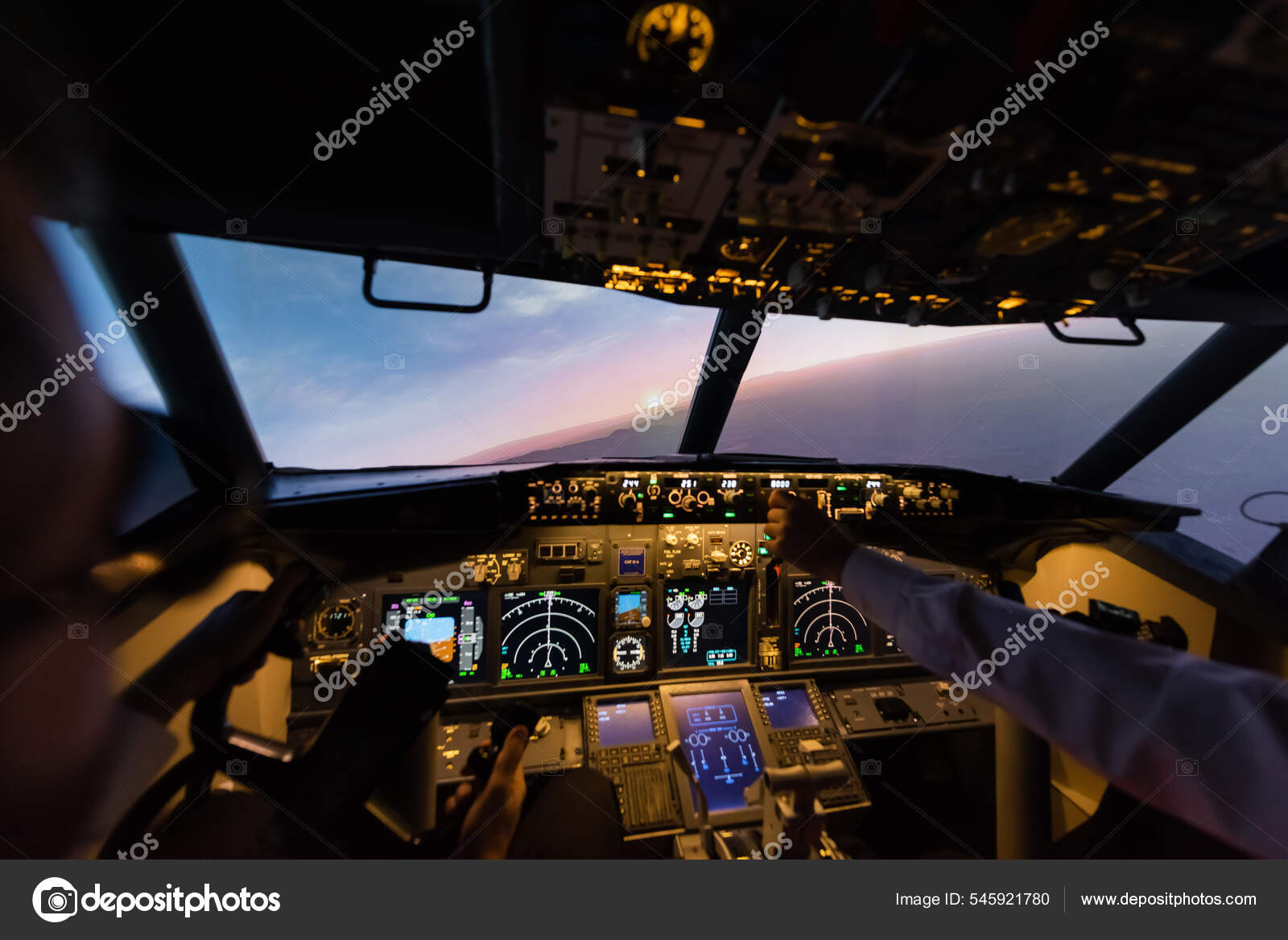 Cropped View Professionals Piloting Airplane Evening — Stock Photo ...